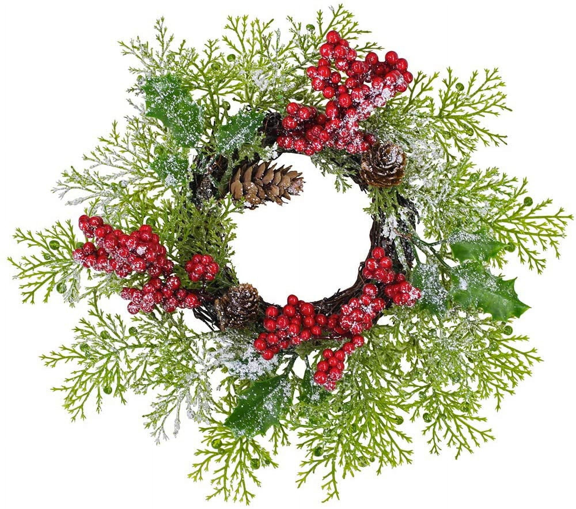 2 Pcs Artificial Snowy Cedar and Berry Candle Rings Christmas Candle ...