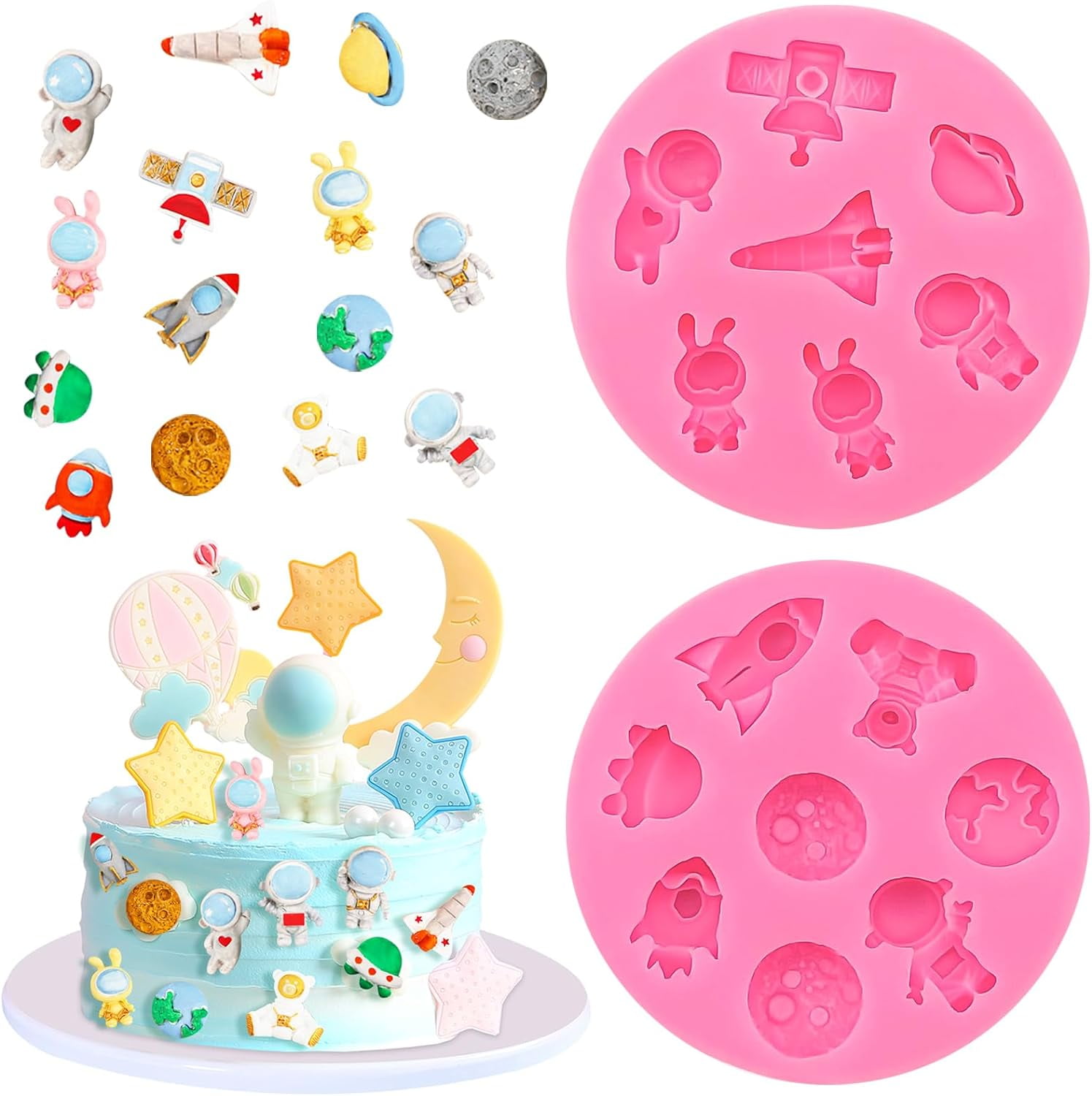 2 Pcs Astronaut Rocket Planet Fondant Silicone Molds Space-Themed ...