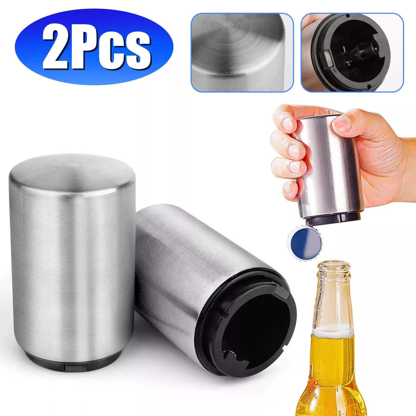2 Pcs Automatic Beer Soda Bottle Cap Opener Stainless Steel Push Down ...