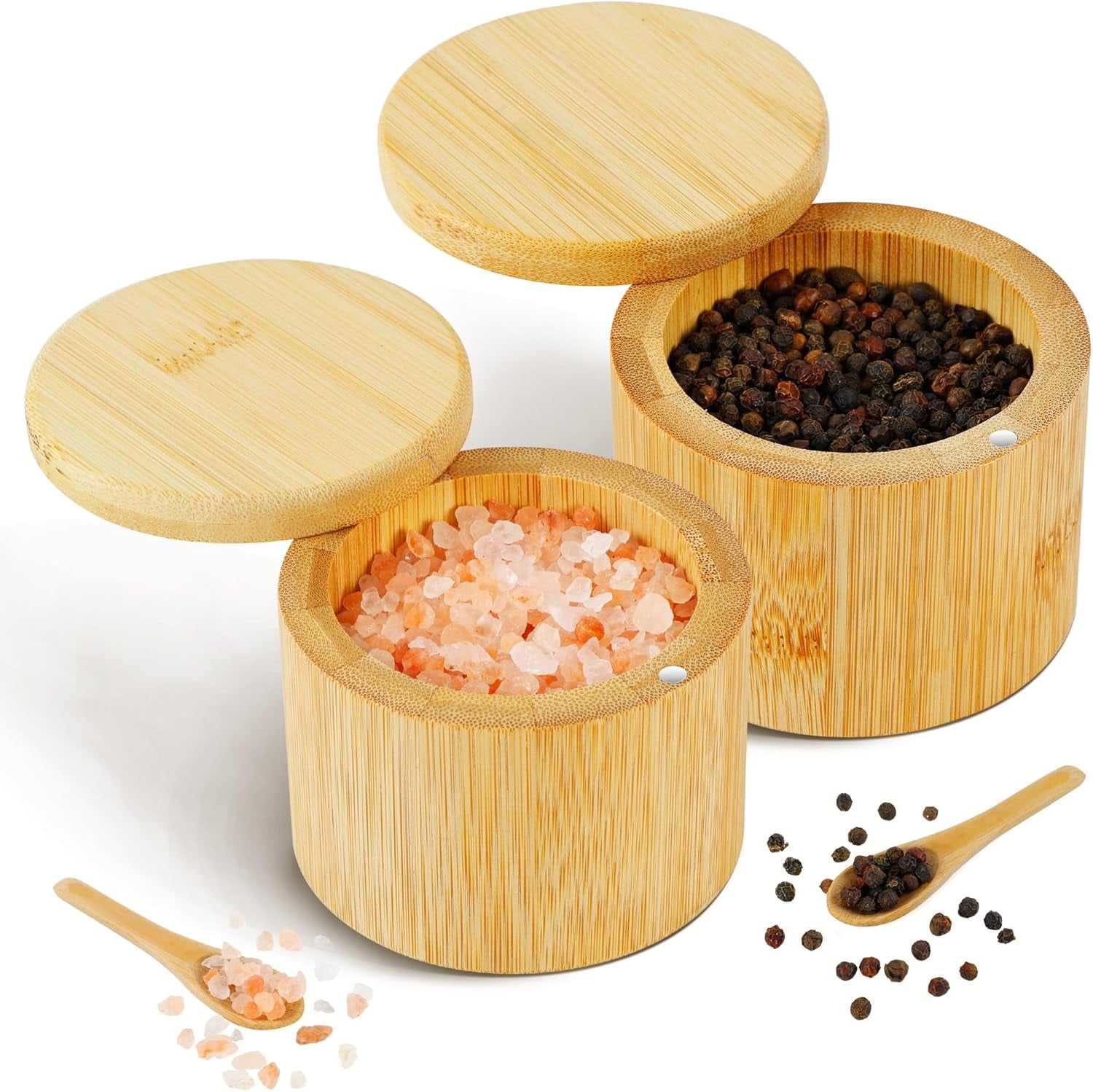 2 Pcs Bamboo Salt Container, Salt Cellar Spice Box with Magnetic Swivel ...