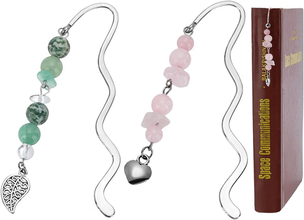 2 Pcs Bead Chain Book Marks with Green Aventurine Rose Quartz Silver ...