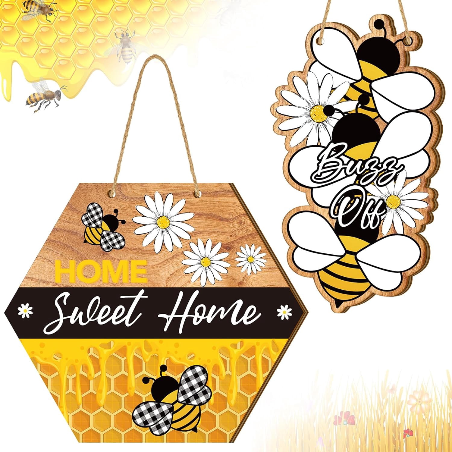 2 Pcs Bee Door Sign Home Sweet Home Sign Bee Welcome Sign Wooden Bee ...