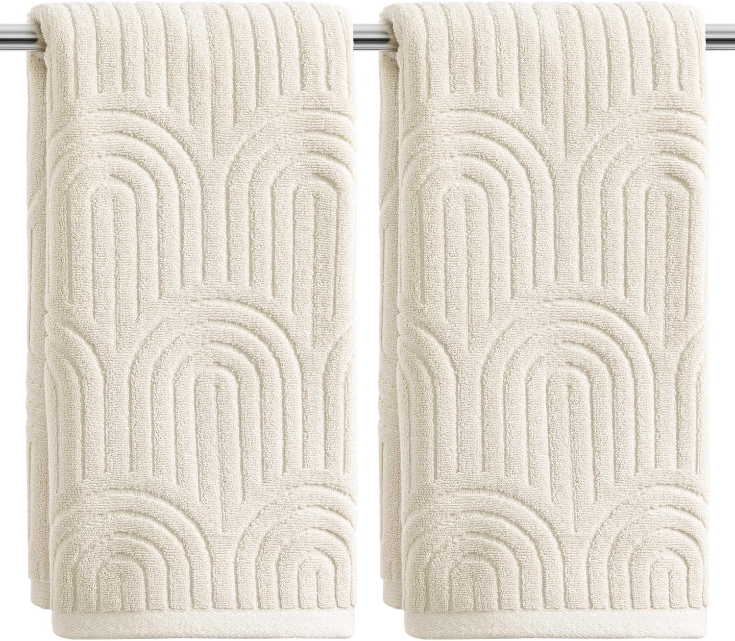 2 Pcs Beige 3D Arched Stripes Jacquard Hand Towels for Bathroom, 100% ...