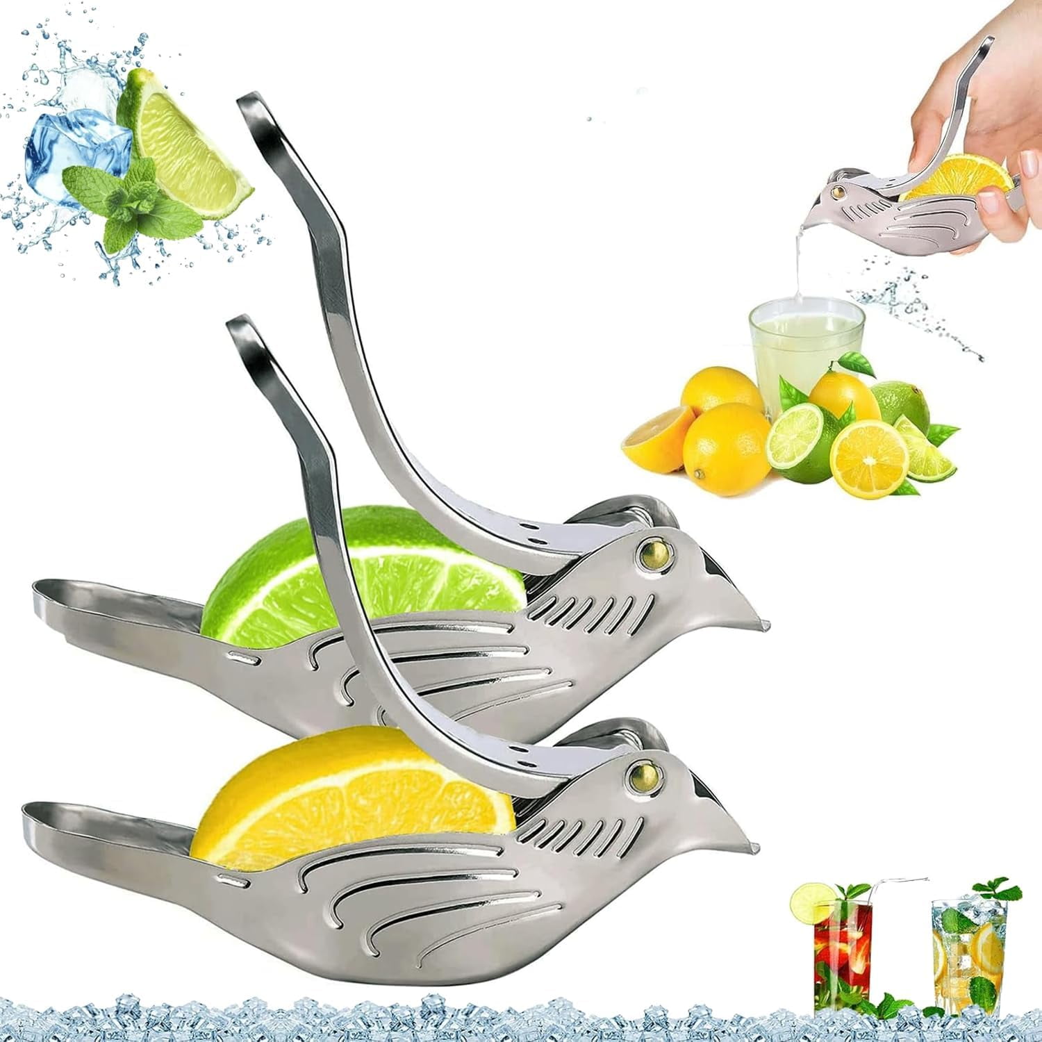 2 Pcs Bird Lime Squeezer Stainless Steel, Elegant Bird Shaped Stainless Steel Manual Lemon ...