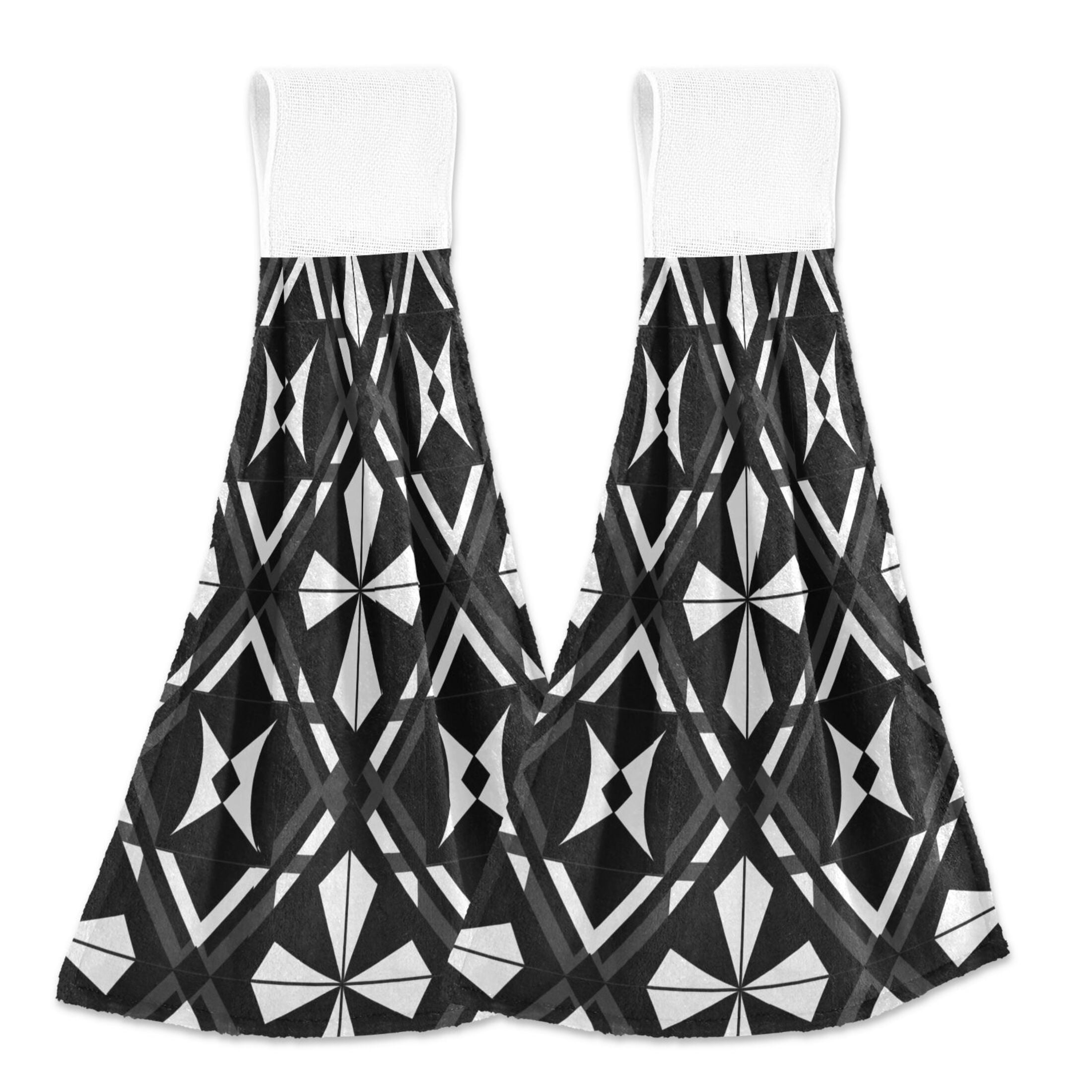 2 Pcs Black White Geometric Shapes Kitchen Hand Towels with Hanging ...