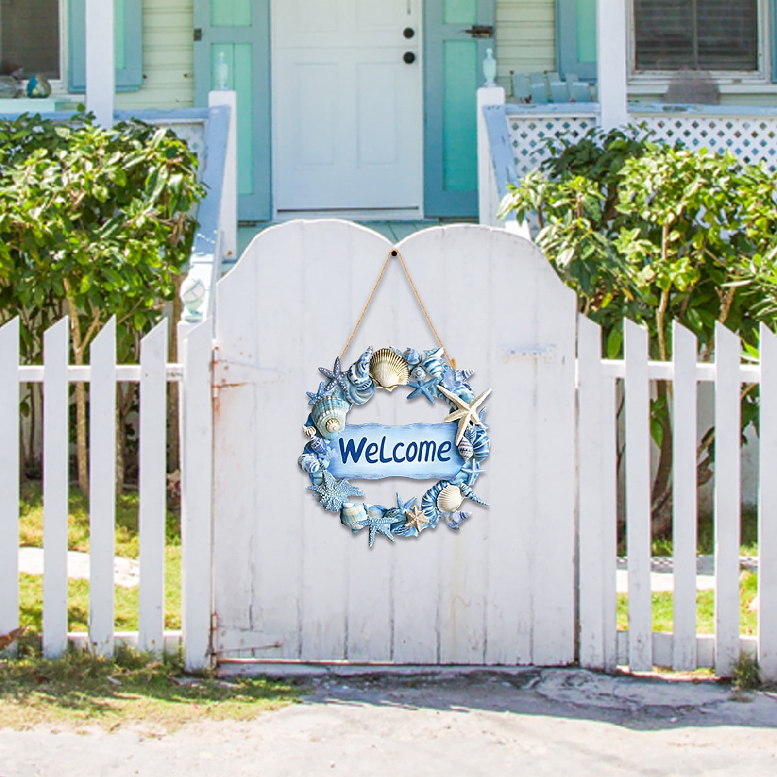 2 Pcs Blue Beach Welcome Wreath, Nautical Wooden "Welcome" Sign ...