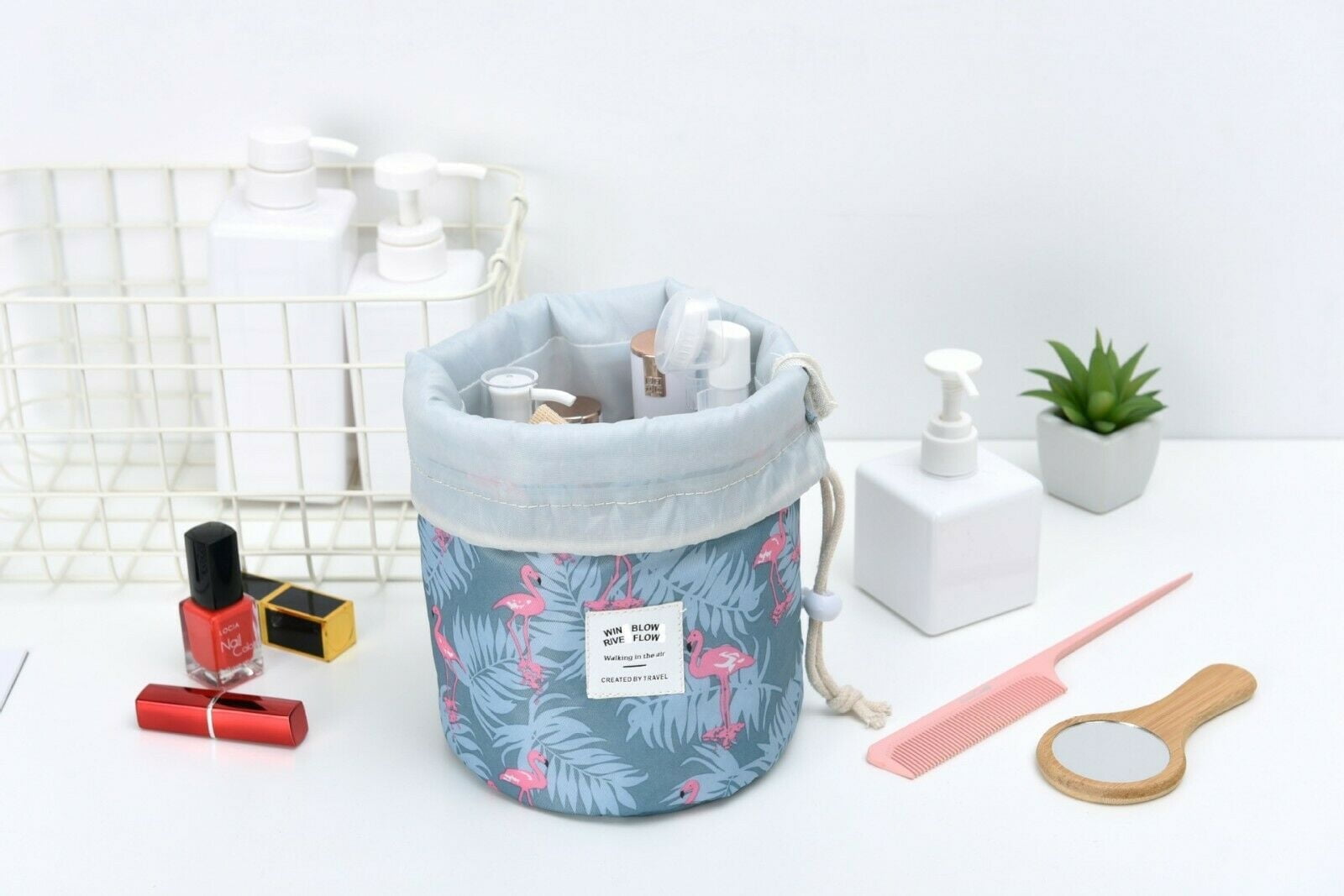 2 Pcs Blue Flamingo Large Barrel Travel Cosmetic Bag Nylon Organizer ...