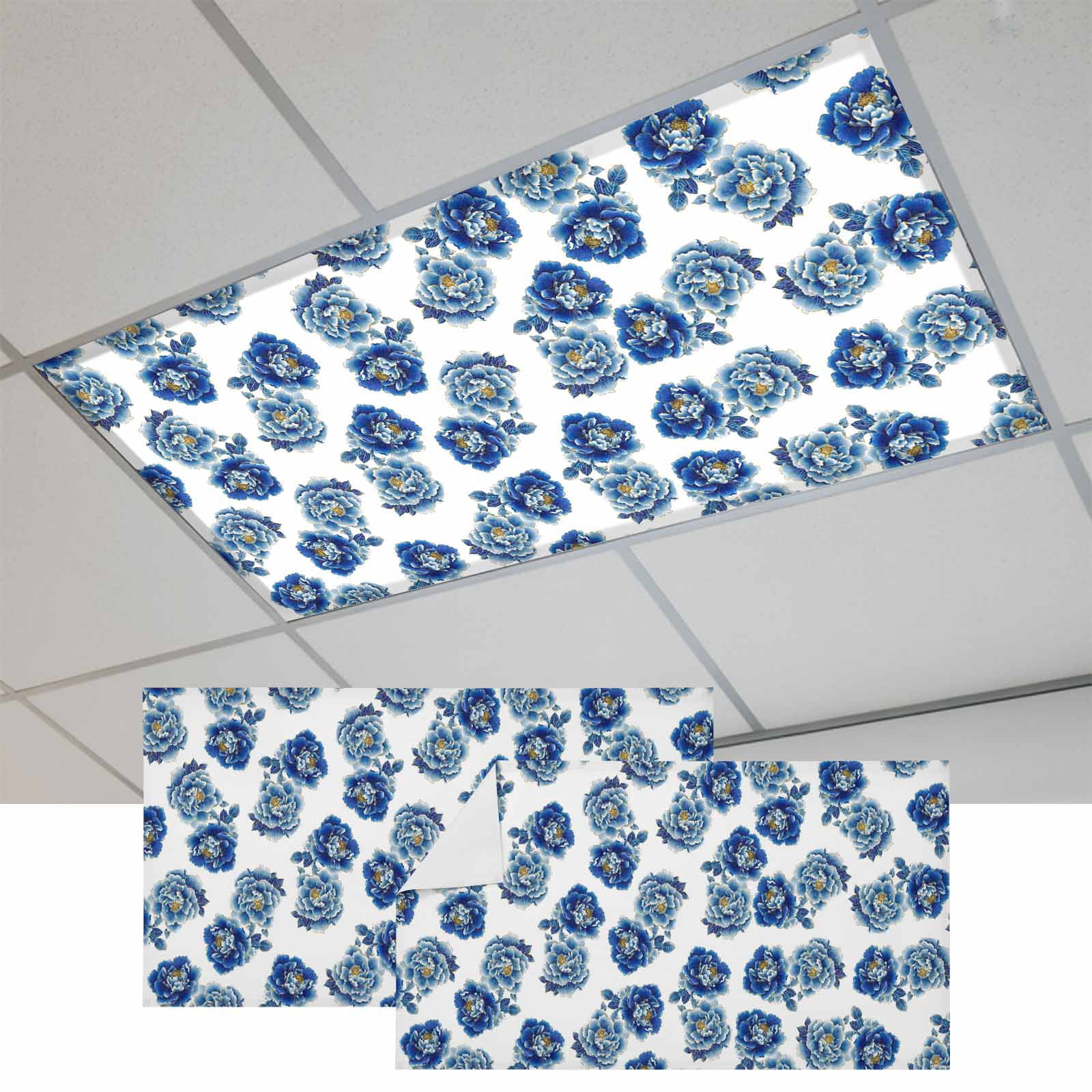 2 Pcs Blue Gradient Peony Flower Fluorescent Light Covers Country ...
