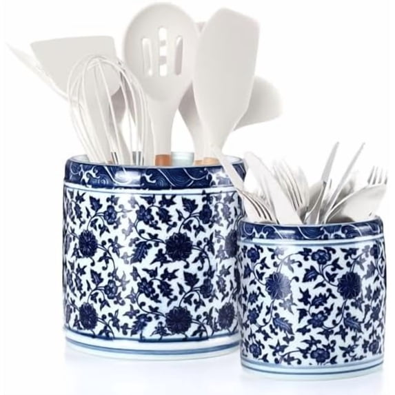 2 Pcs Blue and White Kitchen Utensil Holder 5"+6.1" Ceramic Kitchen ...