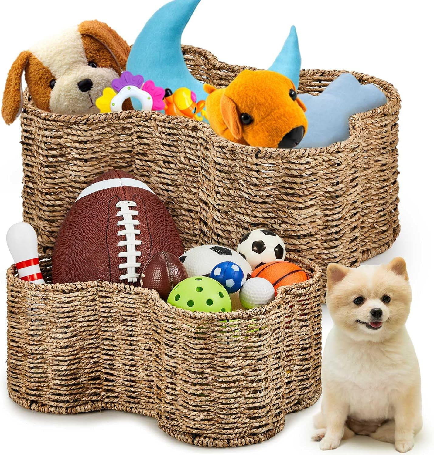 2 Pcs Bone Shaped Dog Toy Basket Seagrass Dog Toy Bin Pet Toy Storage ...