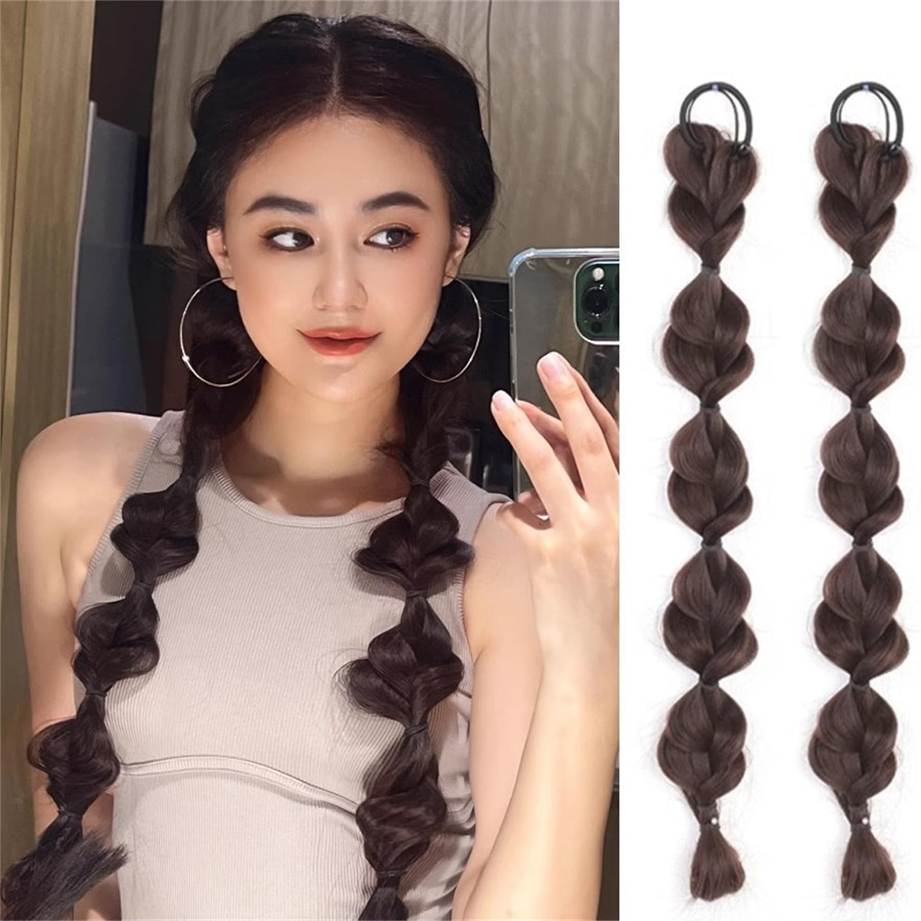 2 Pcs Bubble Braided Ponytails Hair Extensions 17.7inch Synthetic Braid ...