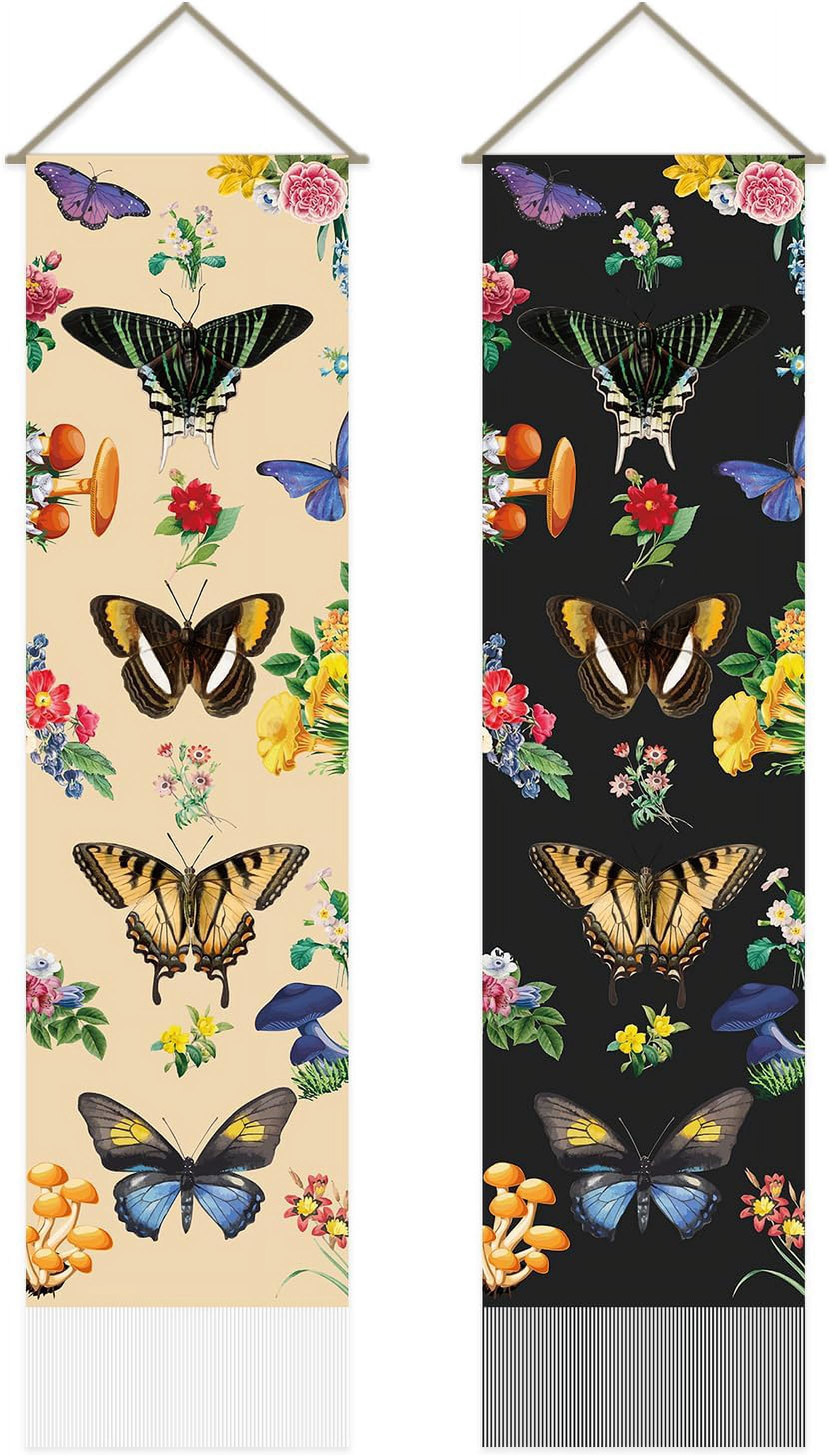 2 Pcs Butterfly and Plant Tapestry Black Beige Flower Long Vintage ...