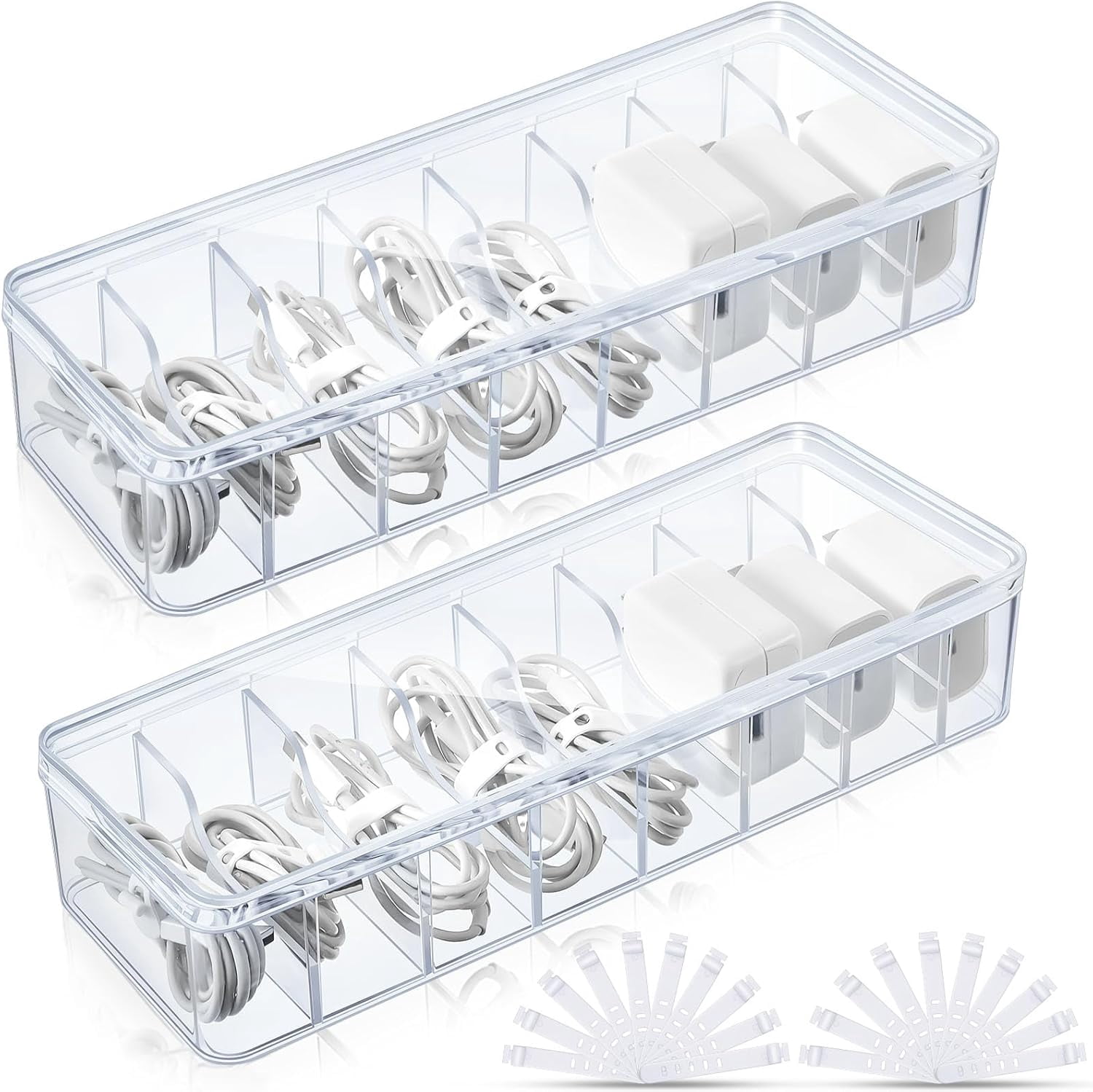 2 Pcs Cable Organizer Box with Wire Ties, Plastic Cord Storage Box with ...