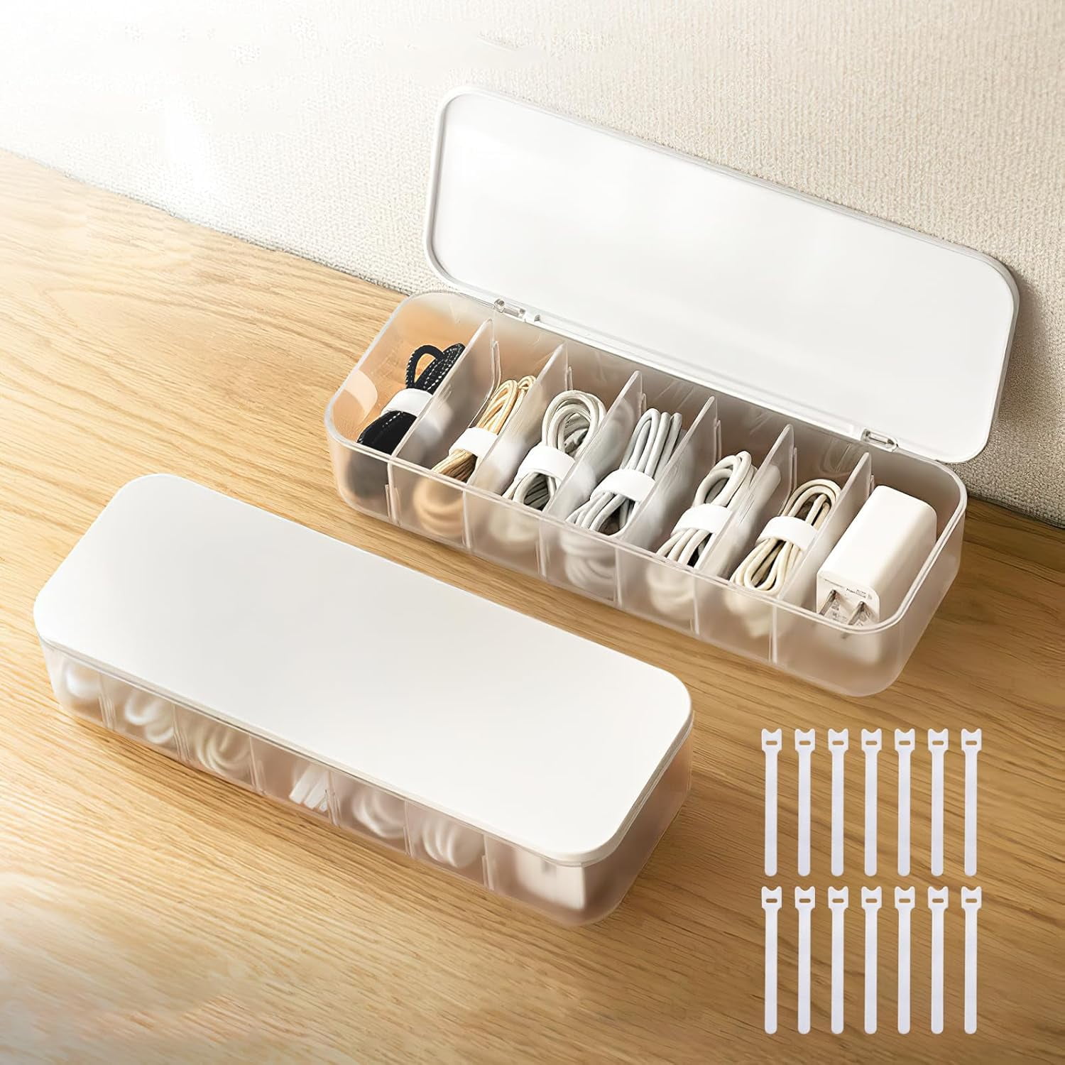 2 Pcs Cable Organizer Storage Box with 14 Wire Ties,Desktop Cable ...