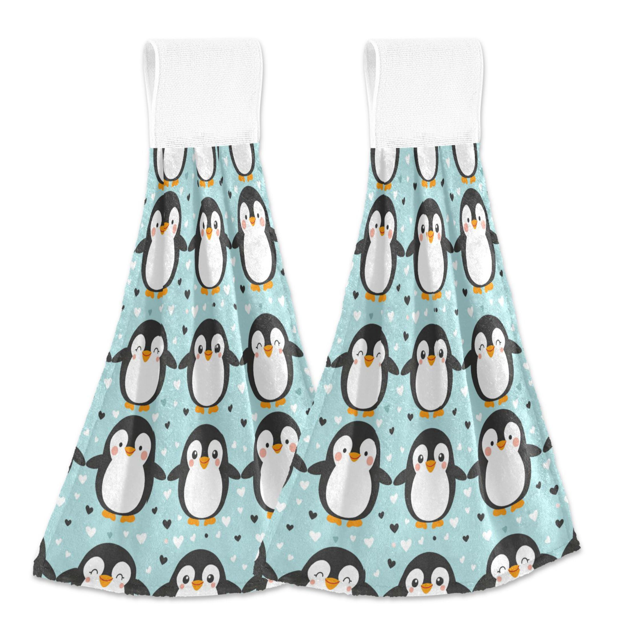 2 Pcs Cartoon Penguin with Hearts Kitchen Hand Towels with Hanging ...