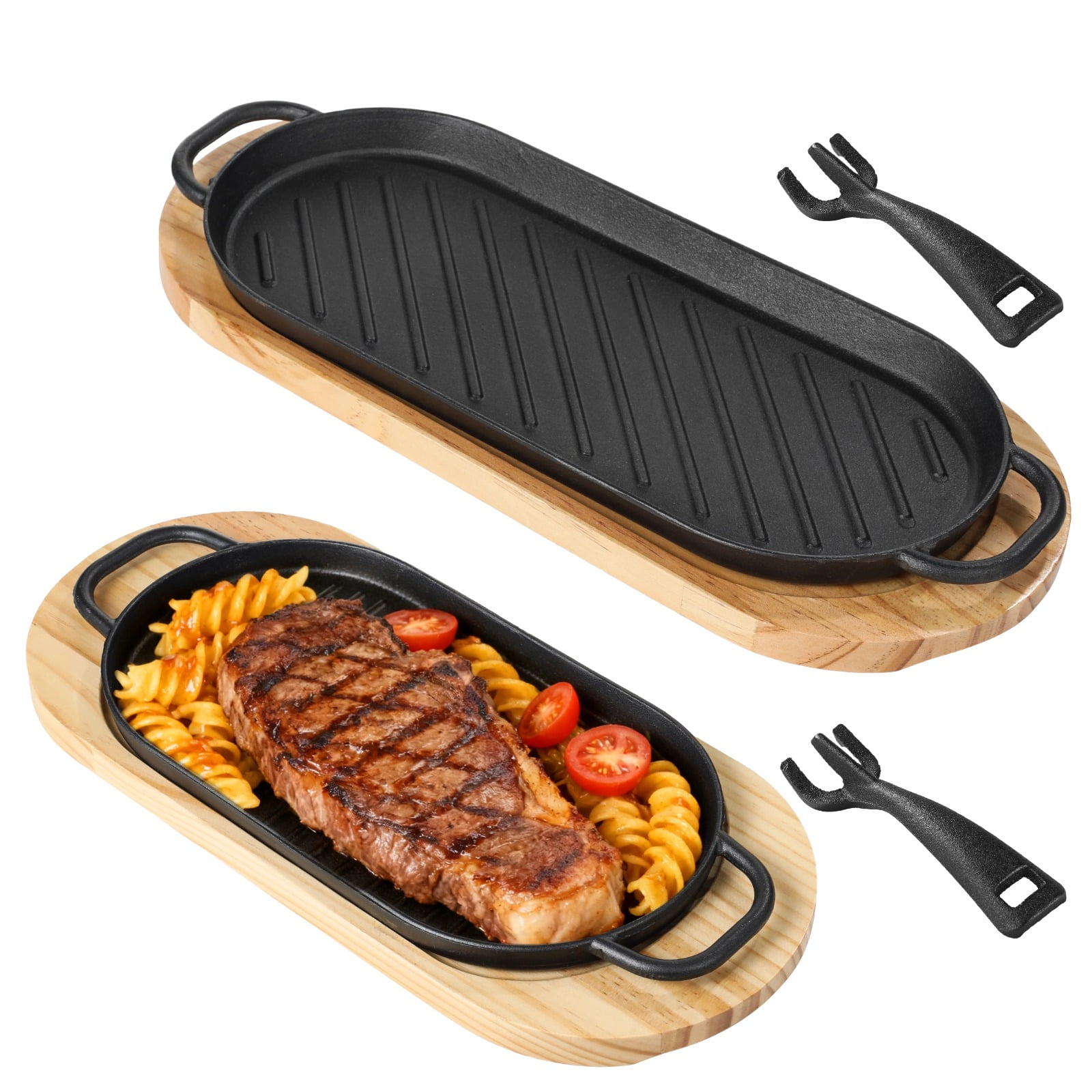2 Pcs Cast Iron Fajita Skillets, Steak Grill Pans with Wooden Base ...