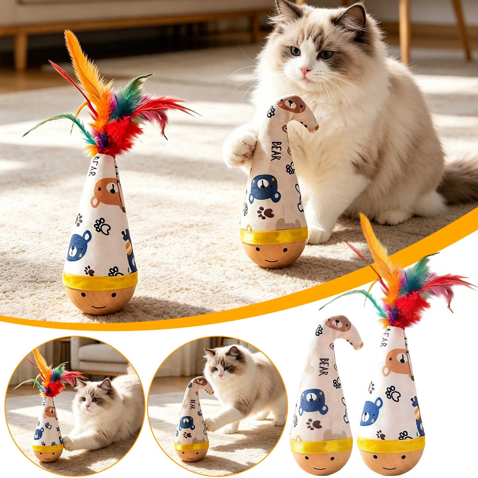 2 Pcs Cat Faux Feather Toys & Wooden Tumbler,Self Standing Interactive ...