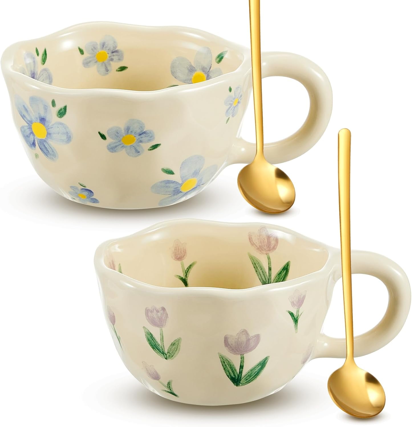 2 Pcs Ceramic Coffee Mugs Flower Mugs with Spoon Vintage Floral Mugs ...
