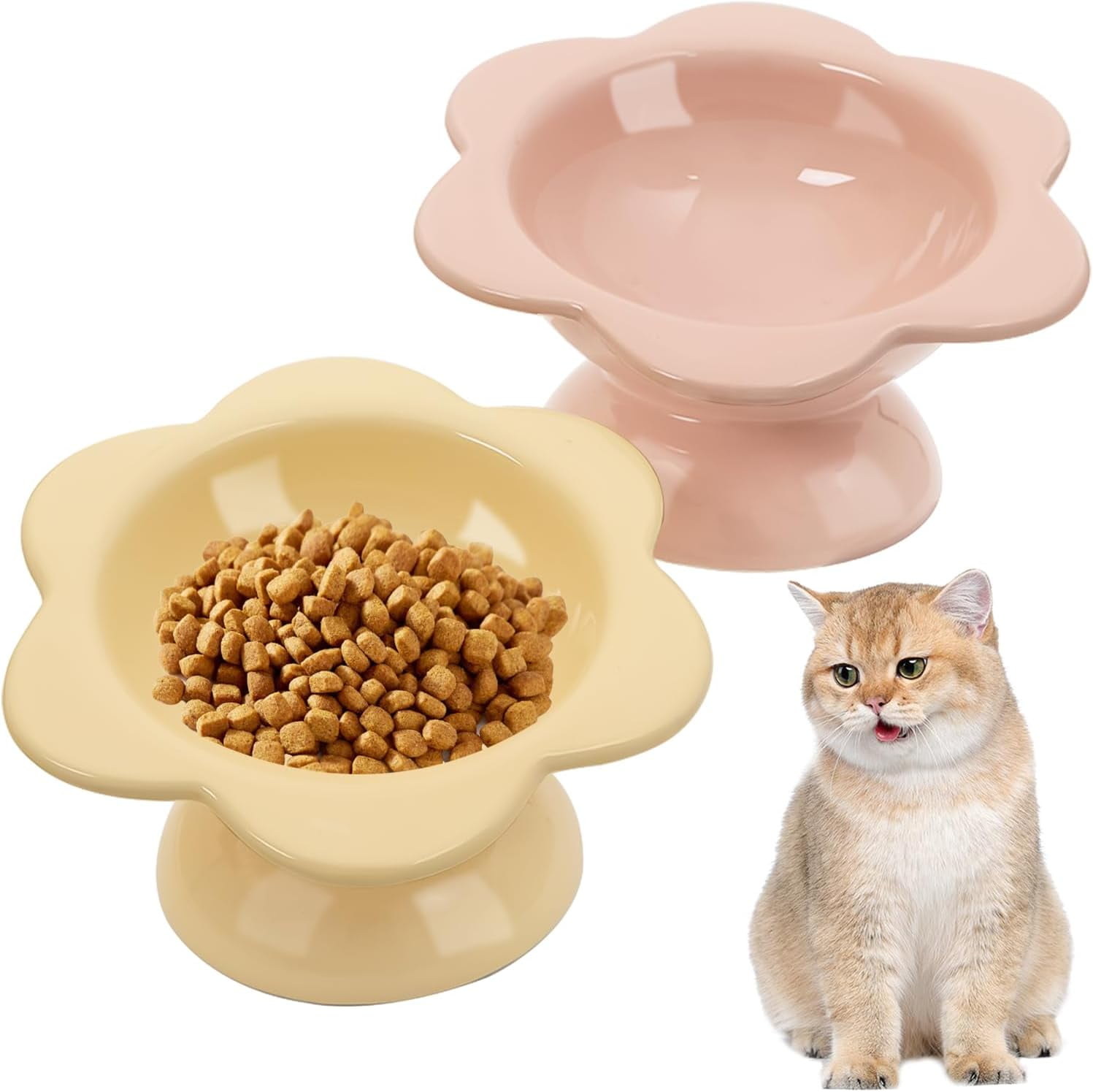 2 Pcs Ceramic Raised Cat Bowls - Flower Design, 7 oz Tilted Elevated ...