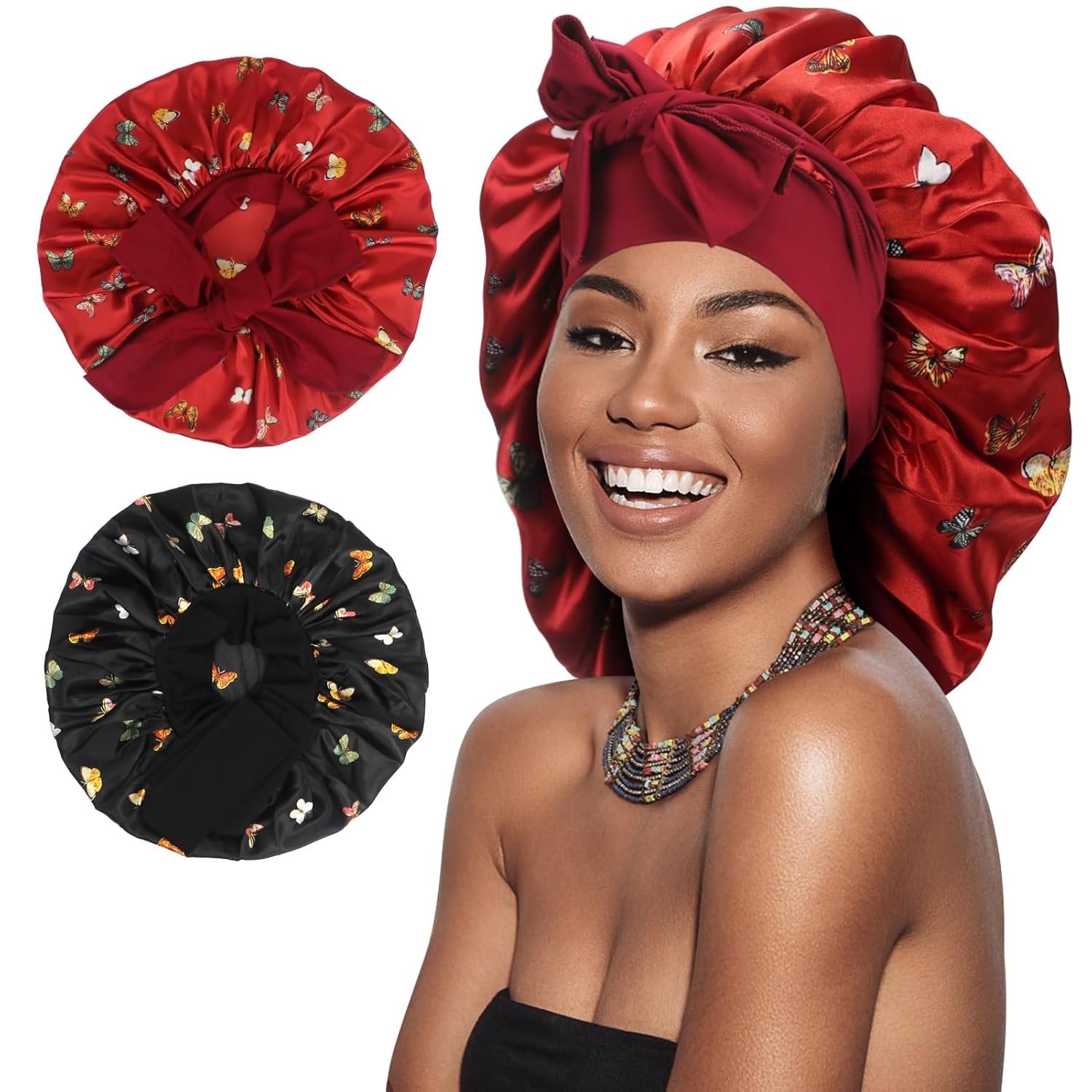 2 Pcs Cheetah-Print Satin Silk Bonnet for Sleeping Women, Large Cute ...