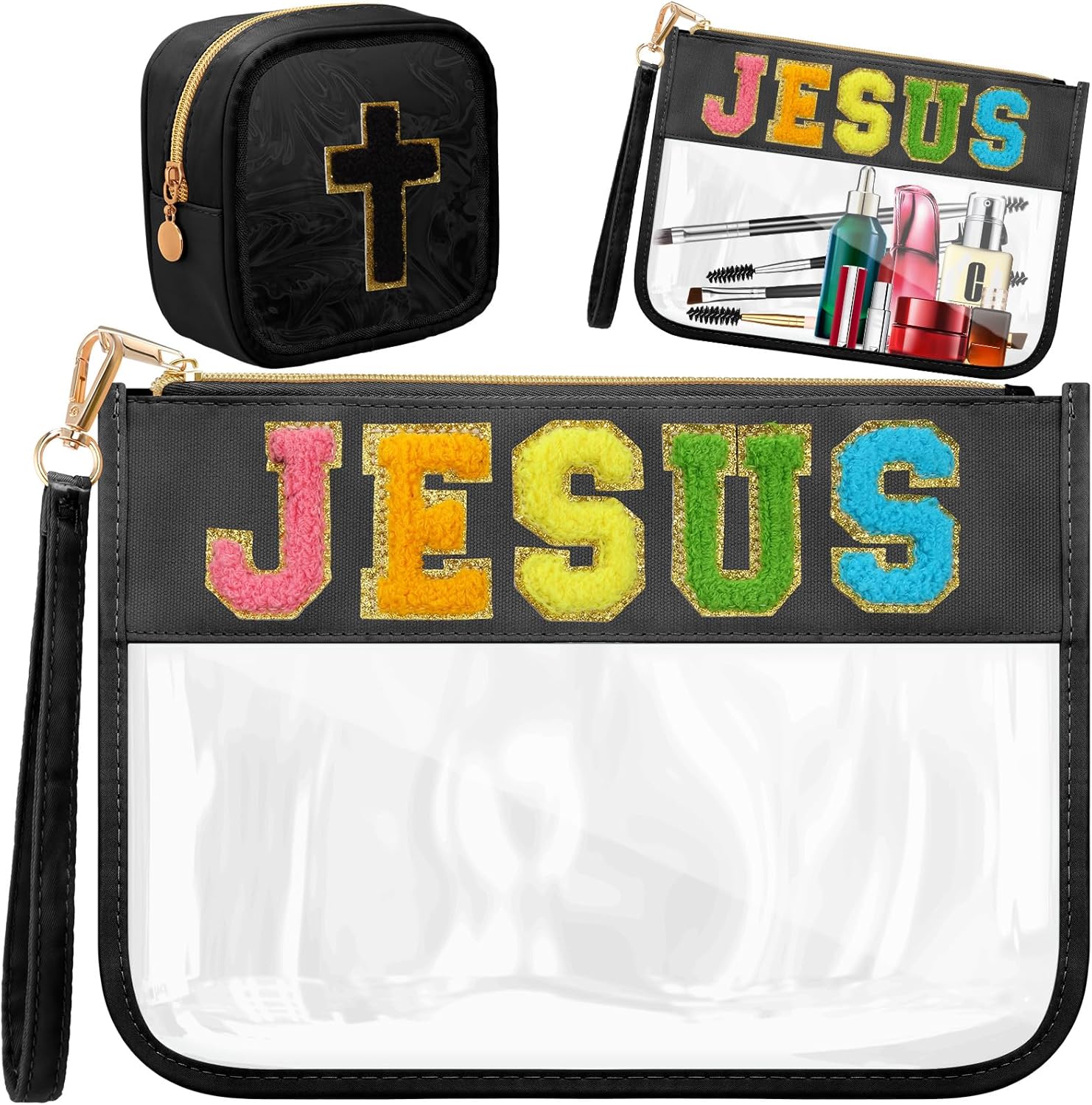 2 Pcs Christian Chenille Letter PVC Makeup Cosmetic Bag, Faith-themed ...