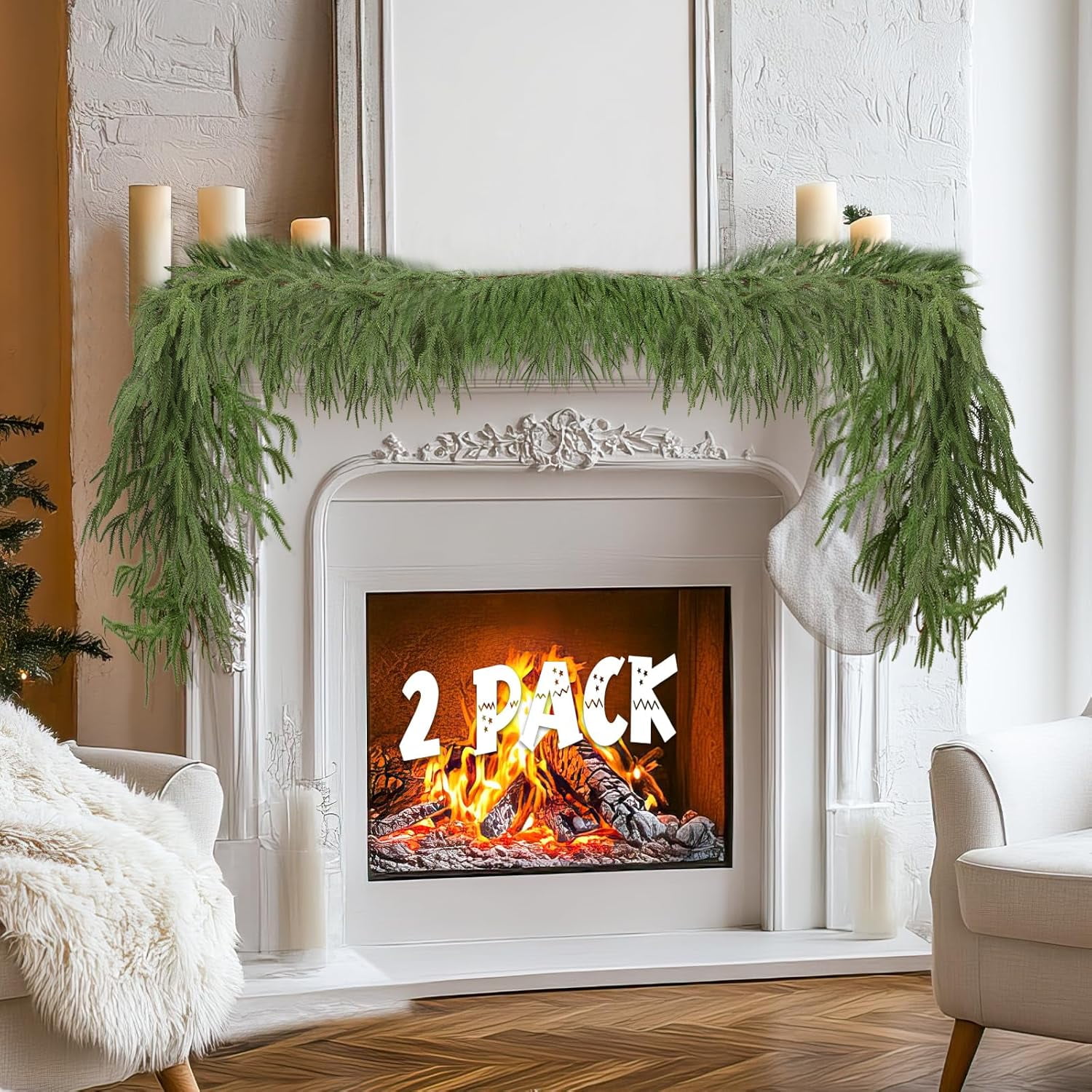 2 Pcs Christmas Norfolk Pine Garlands, 6 Ft Artificial Pine Garland Ornament, Realistic Green ...