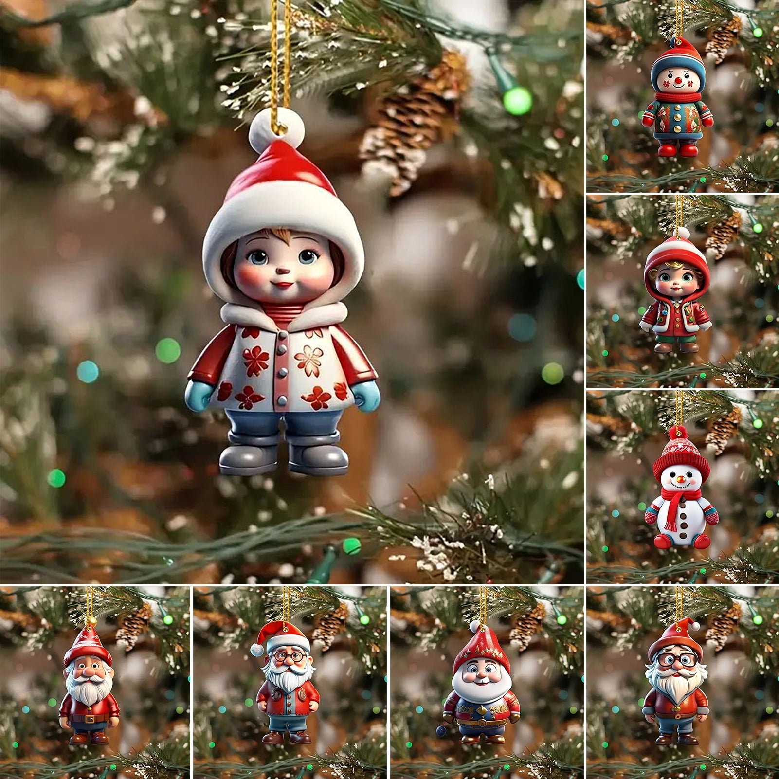 2 Pcs Christmas Ornaments Cartoon Snowman Santa Claus Acrylic Pendant ...