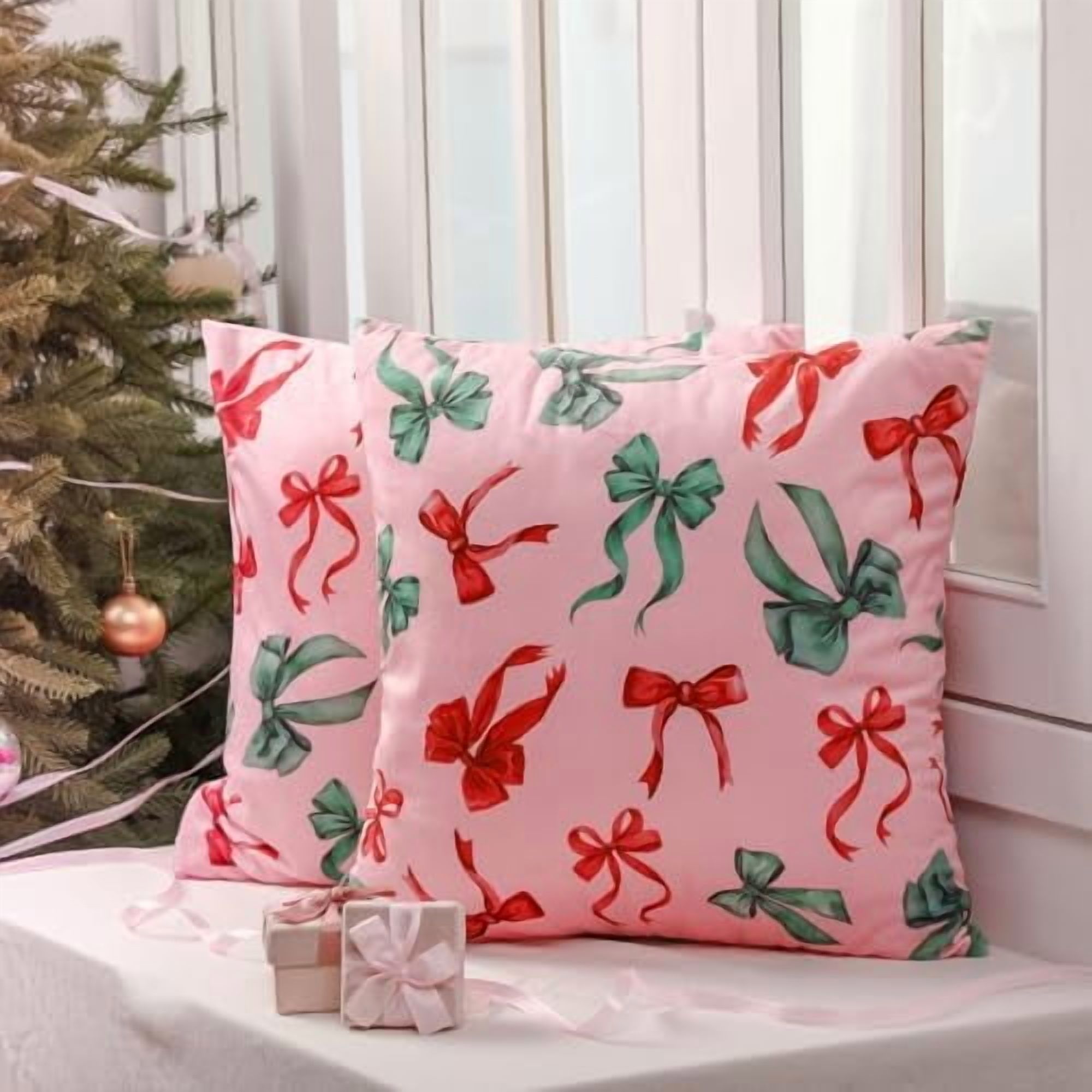 2 Pcs Christmas Pink Throw Pillow Covers 18" x 18" Red and Green Bows ...