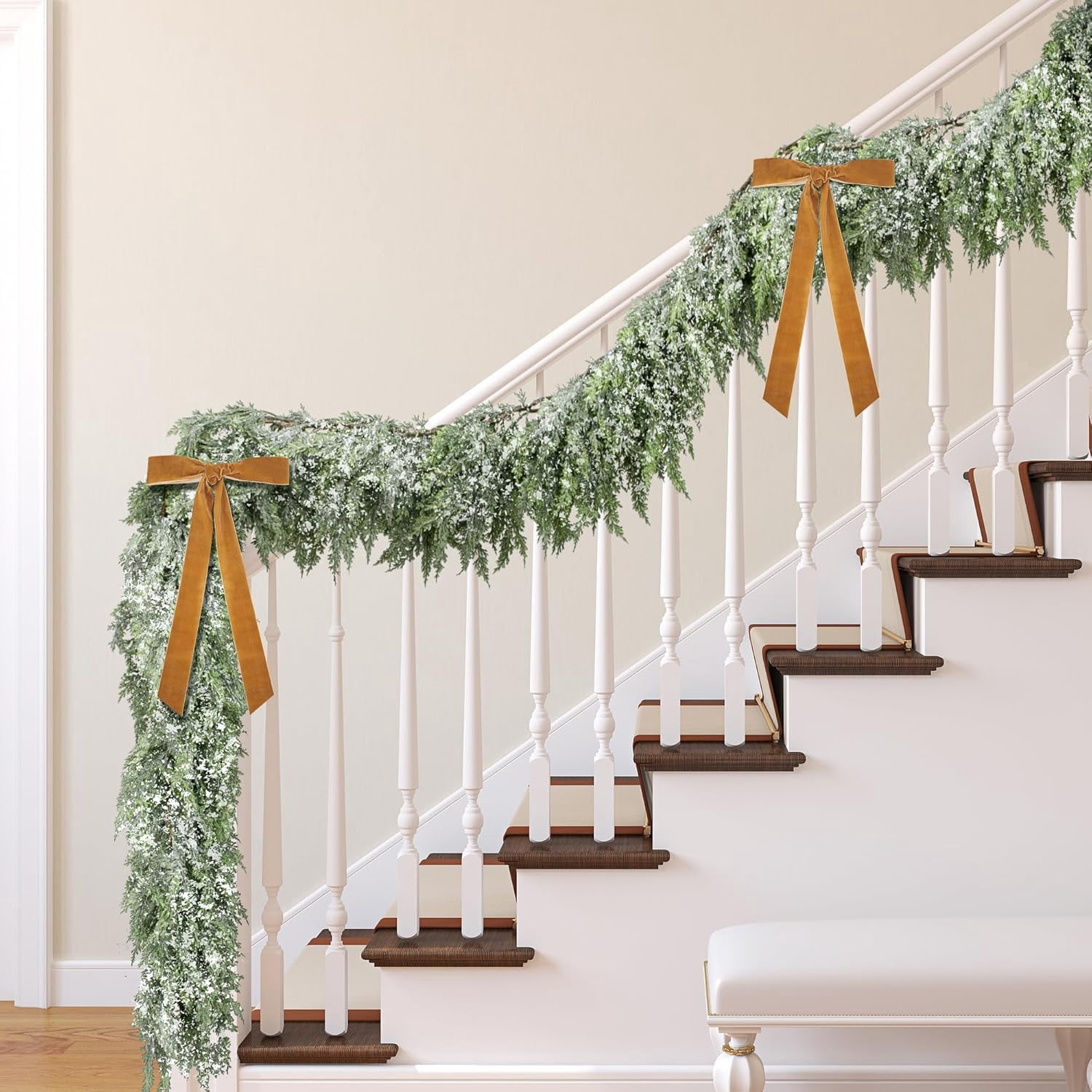 2 Pcs Christmas Snow Norfolk Pine Garlands, 6 Ft White Frost Real Touch ...