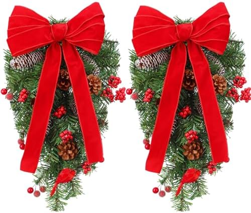 2 Pcs Christmas Teardrop Swag with Bow 18 Inch Rustic Door Swag ...