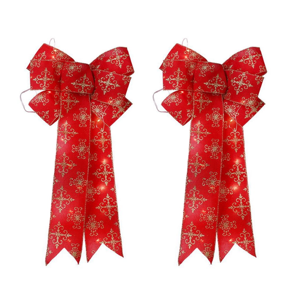 2 Pcs Christmas Wreath Bow Xmas Wreath Burlap Bow Red Led Lighted Bow