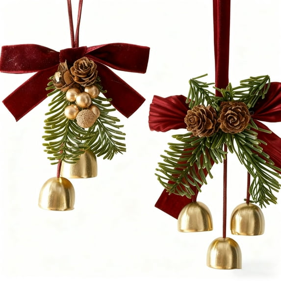 2 Pcs Christmas Wreath Bows With Jingle Bells And Pinecone Hanging ...
