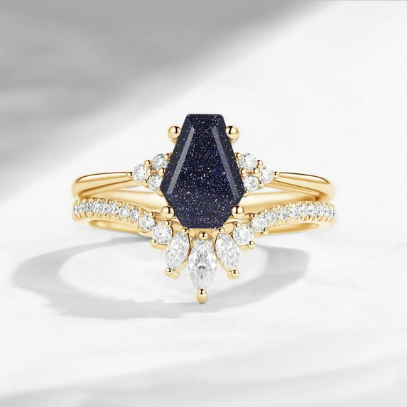 2 Pcs Coffin Cut Blue Sandstone Engagement Ring Set – 14K Rose Gold ...