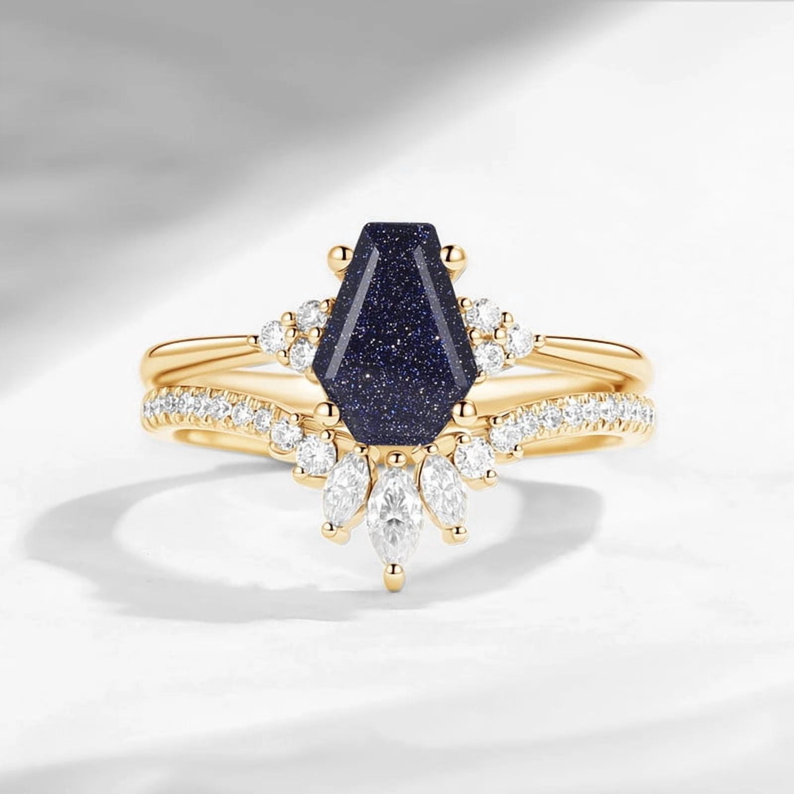 2 Pcs Coffin Cut Blue Sandstone Engagement Ring Set – 14K Rose Gold ...