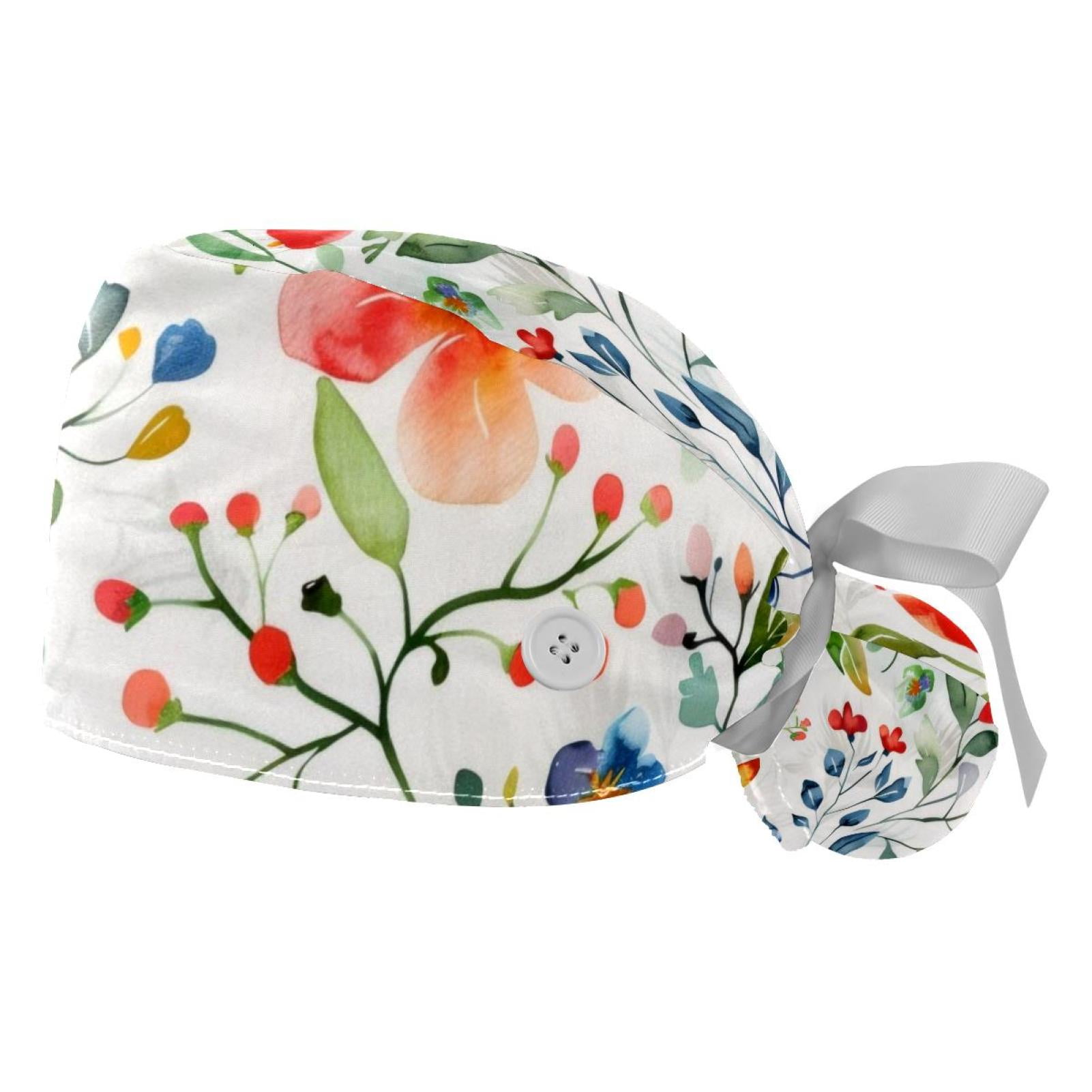 2 Pcs Colorful Floral Scrub Caps Adjustable Women Nursing Cap with ...