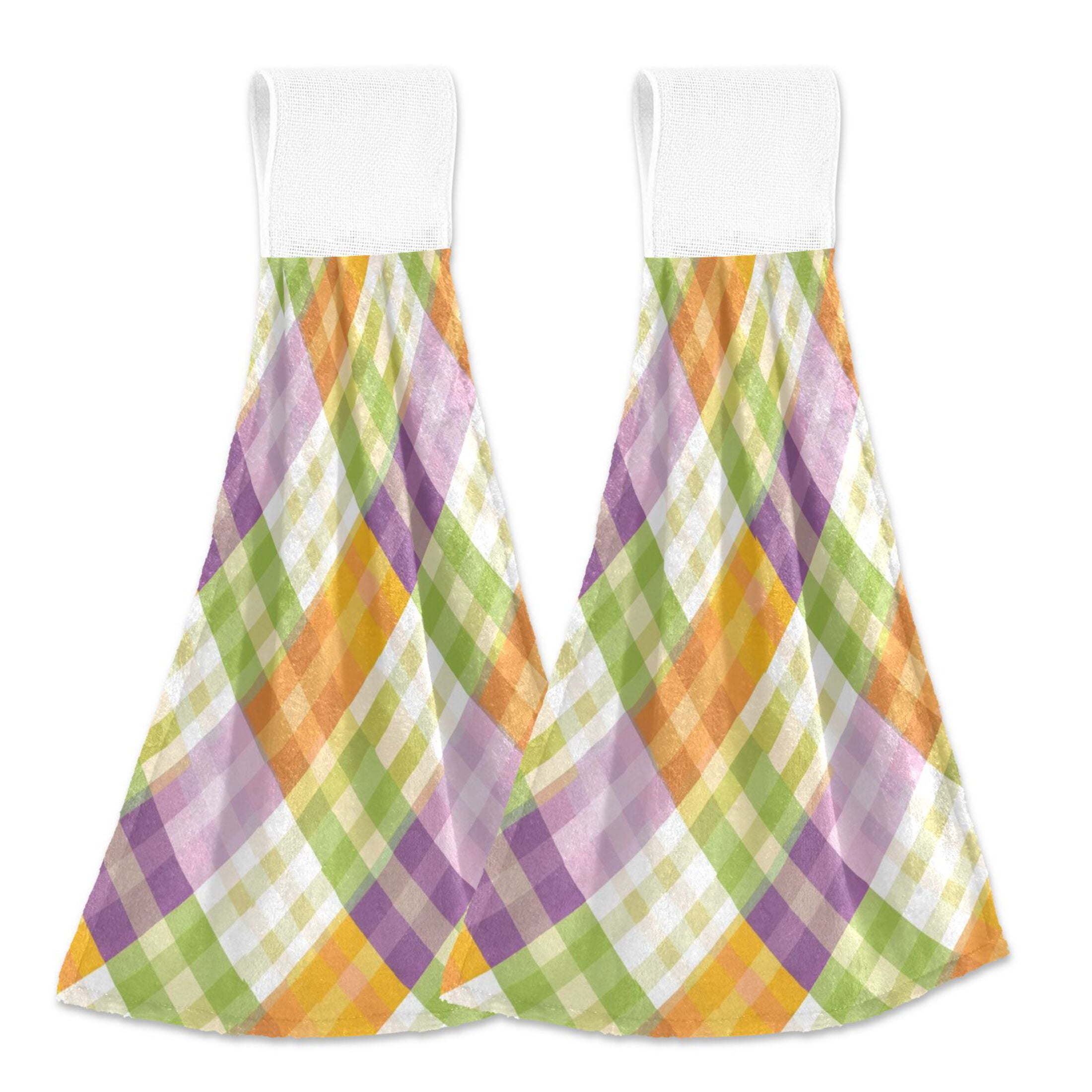 2 Pcs Colorful Gingham Kitchen Hand Towels with Hanging Loops Absorbent ...