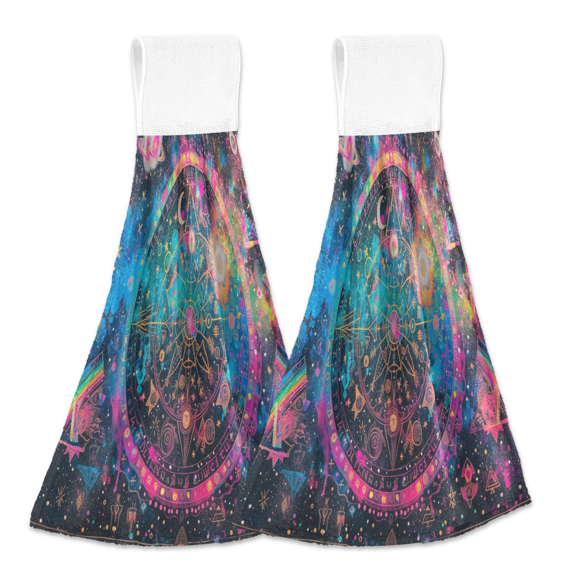 2 Pcs Colorful Starry Sky Kitchen Hand Towels with Hanging Loops ...