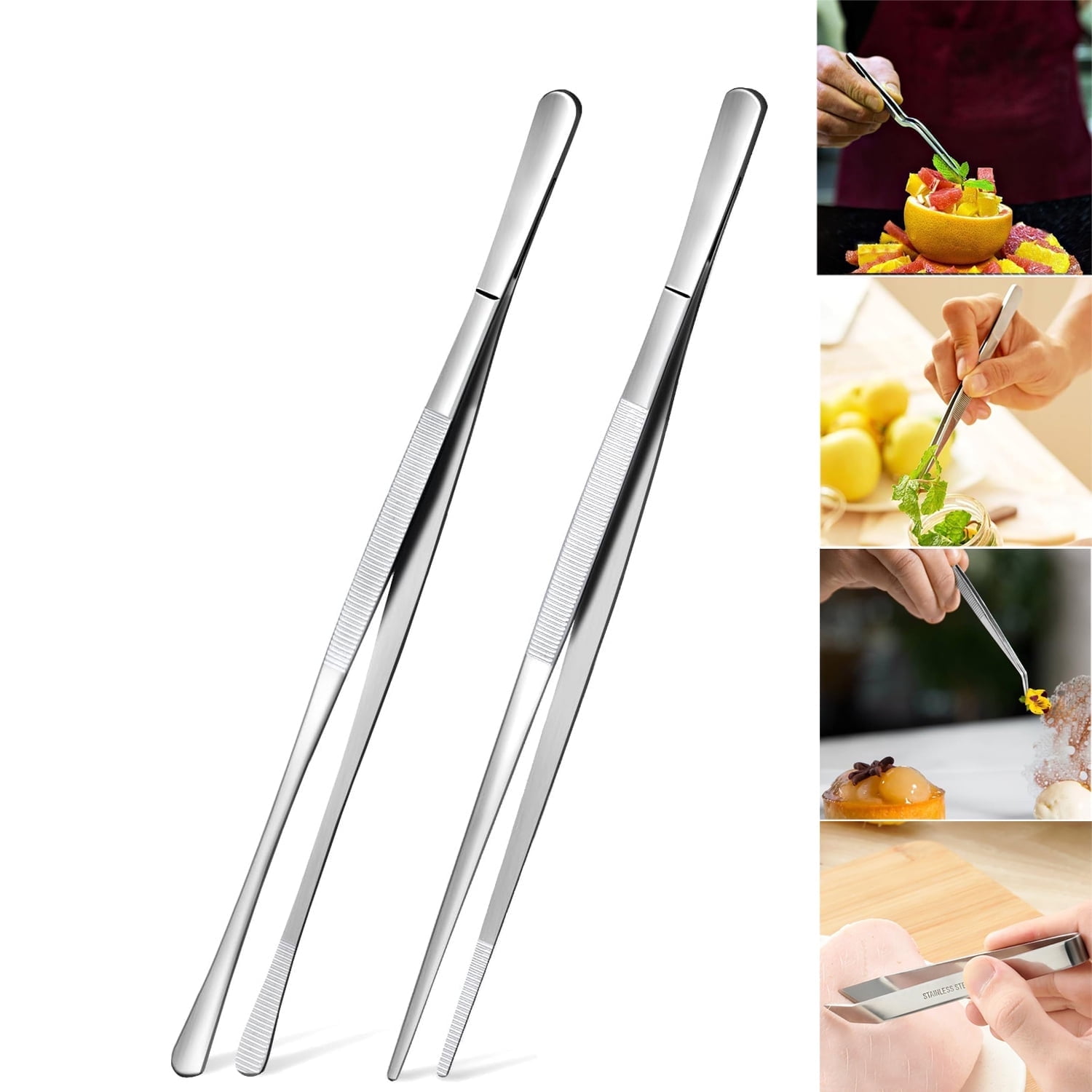 2 Pcs Cooking Tweezer Tongs, 12-Inch Stainless Steel Kitchen Tweezer ...
