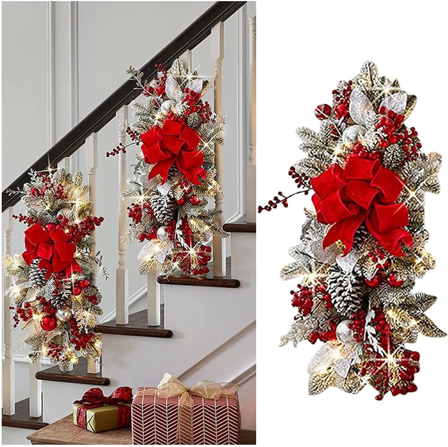 2 Pcs Cordless Prelit Stairway Christmas Swag Christmas Staircase ...