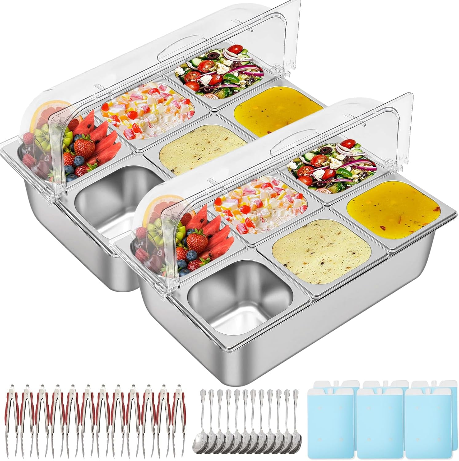 2 Pcs Countertop Food Display Container 6 Pans with 6 Ice Packs Cold ...