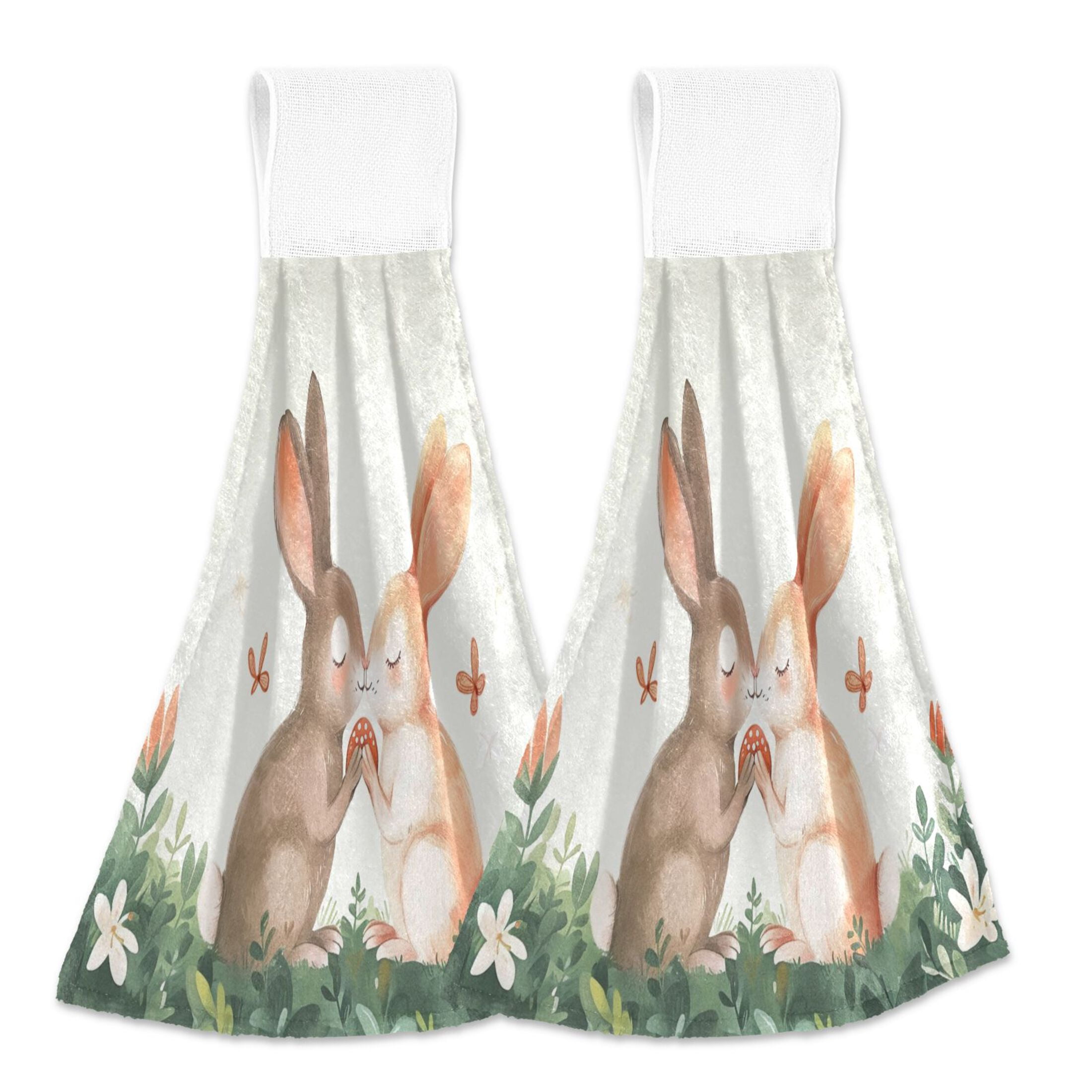 2 Pcs Couple Rabbit with Strawberry Kitchen Hand Towels with Hanging ...