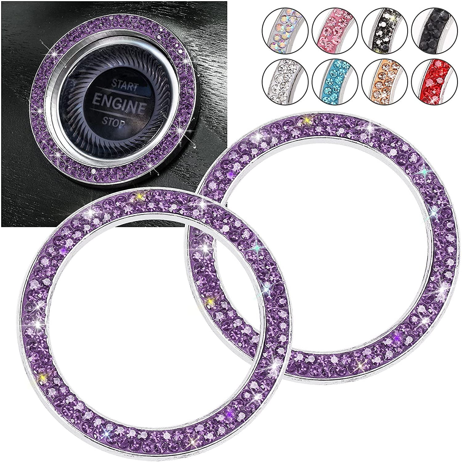 2 Pcs Crystal Combinatorial Rhinestone Car Engine Start Decoration Ring ...