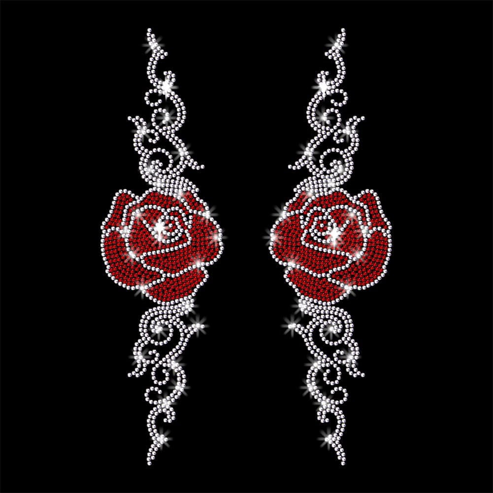 2 Pcs Curl Rose Pattern Iron on Rhinestones Transfer Bling Clothing ...