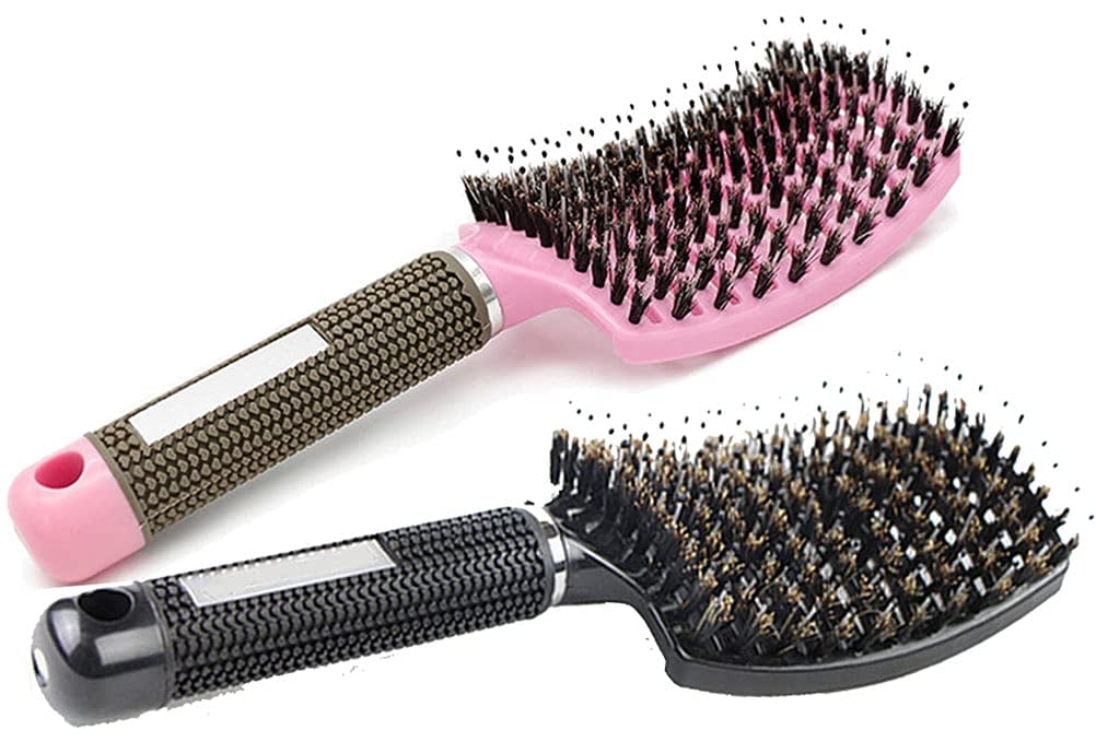 2 Pcs Curved Vented Boar Bristle Detangling Hair Brush Blow Dry Paddle ...