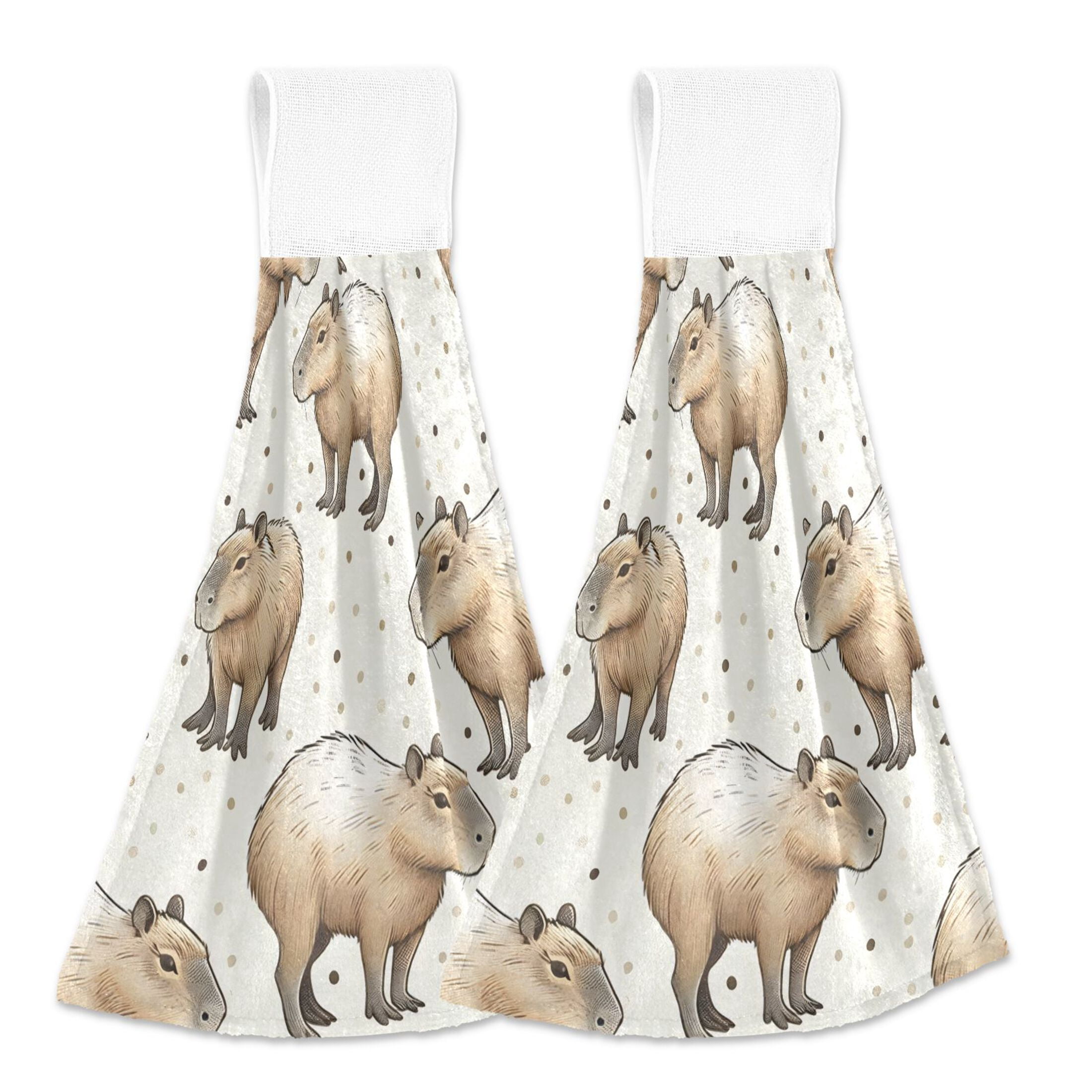 2 Pcs Cute Capybara and Dots Kitchen Hand Towels with Hanging Loops ...