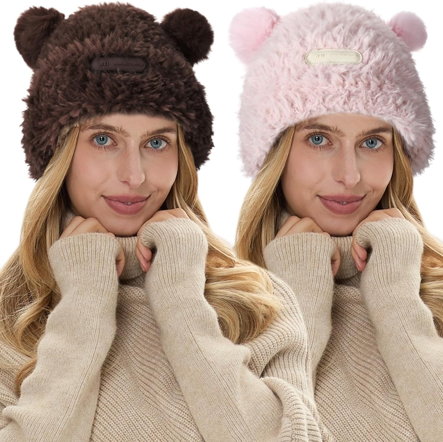2 Pcs Cute Fuzzy Bear Ear Beanie for Women Plush Warm Woolen Winter Hat ...