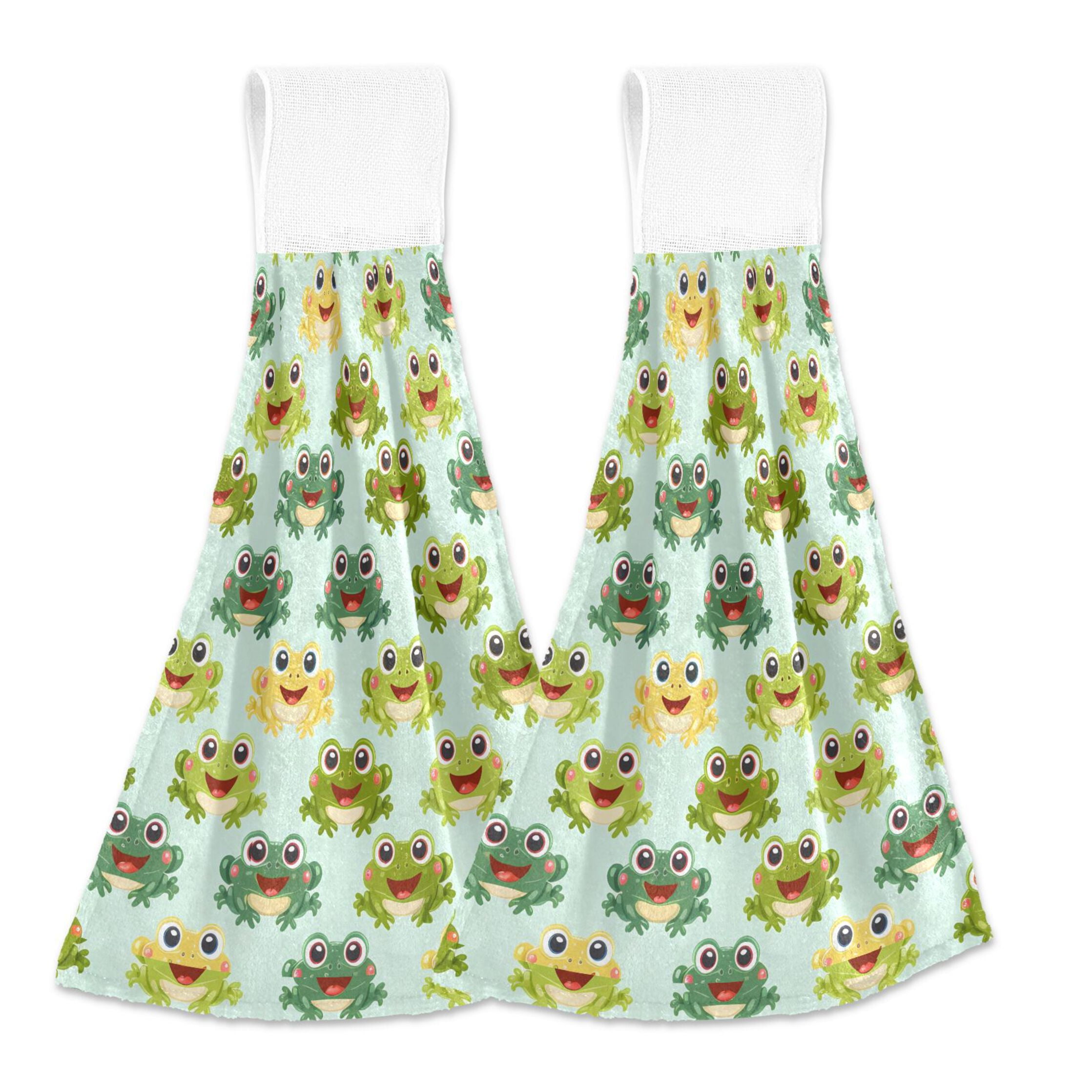 2 Pcs Cute Happy Frogs Kitchen Hand Towels with Hanging Loops Absorbent ...
