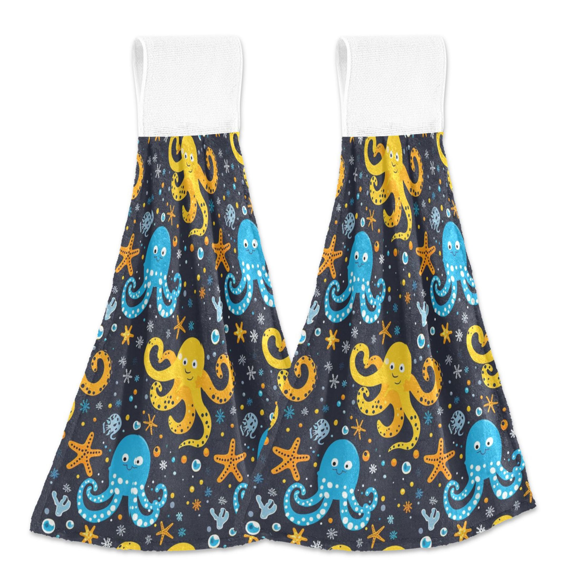 2 Pcs Cute Octopus and Starfish Kitchen Hand Towels with Hanging Loops ...
