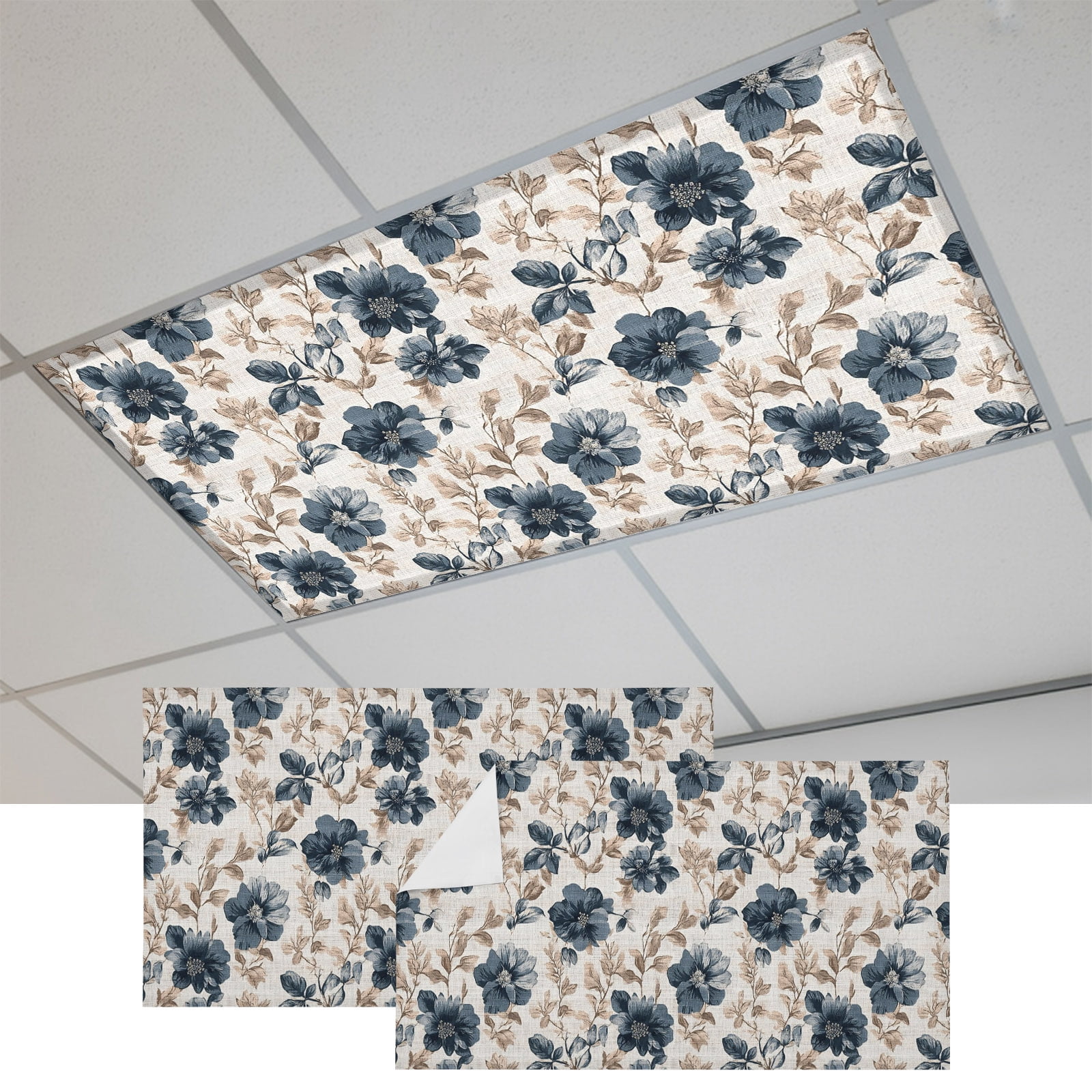 2 Pcs Dark Blue Floral Fluorescent Light Covers Vintage Flower ...