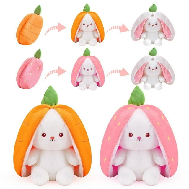 2 Pcs Baby Animal Plush Toy, Reversible Carrot Strawberry Bunny Plush ...